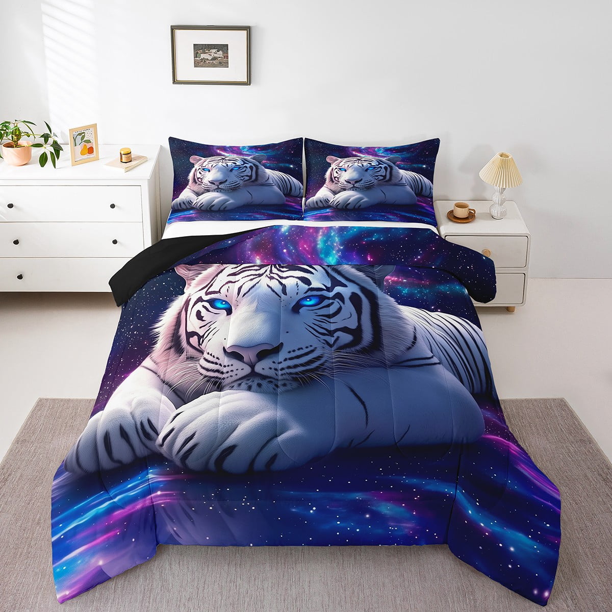 White Tiger Comforter Set Toddler Size 2 Pcs,Purple Blue Starry Glitter ...