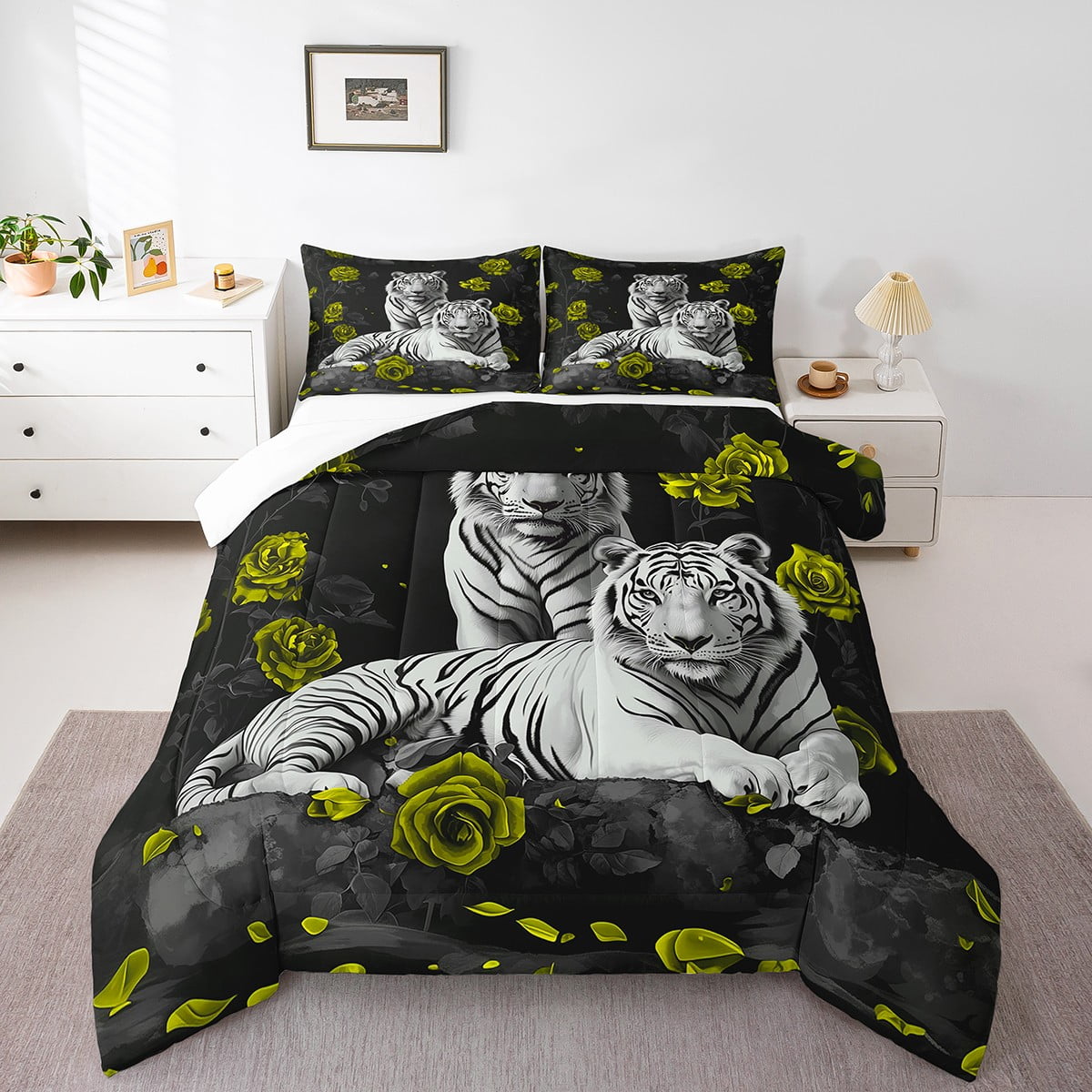White Tiger Comforter Set Yellow Rose Floral Down Comforter,Safari ...