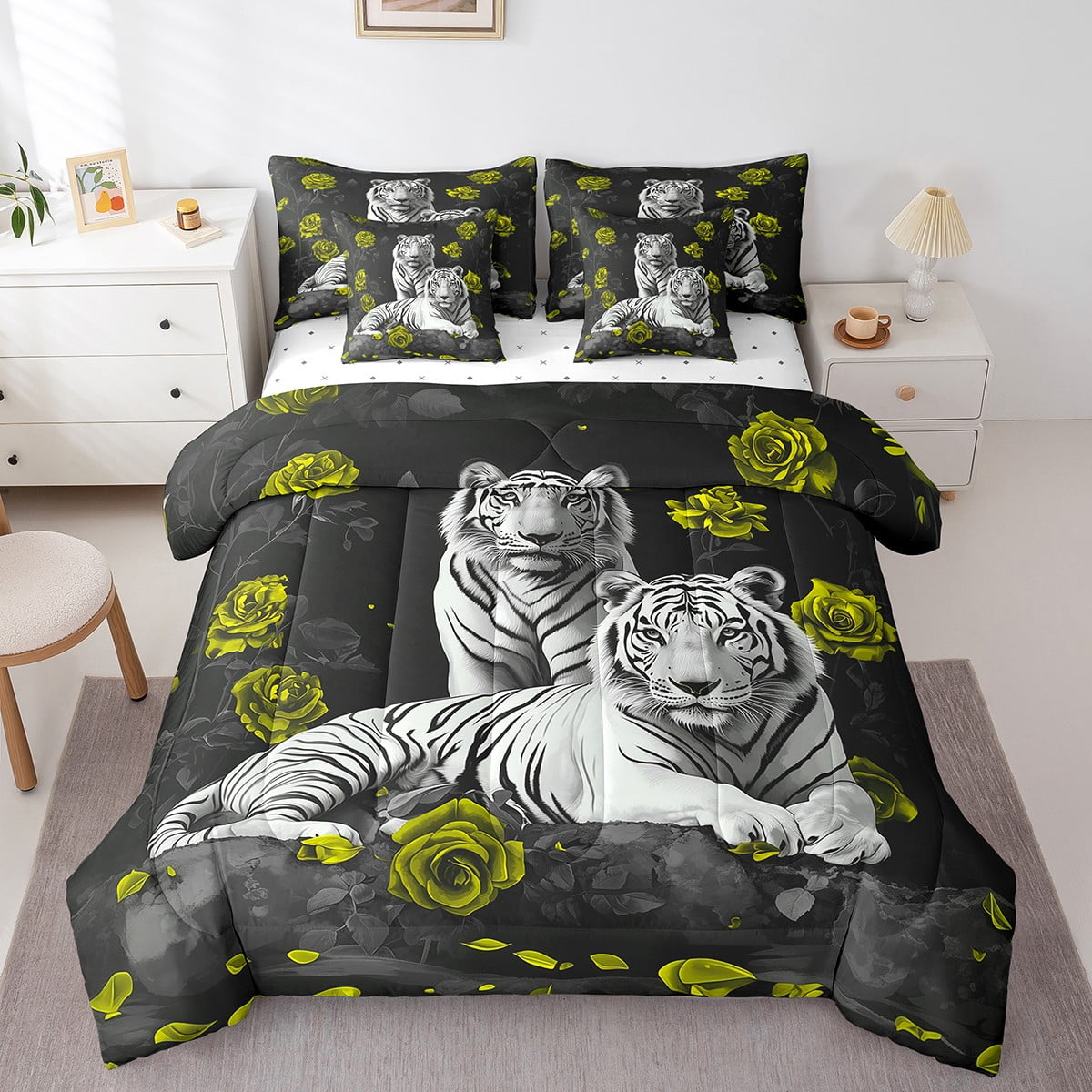 White Tiger Comforter Yellow Rose Floral Bed In A Bag 7 Pieces,Safari ...
