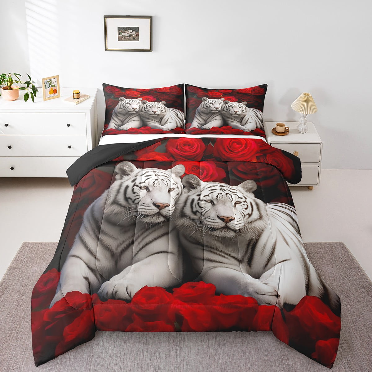 White Tiger Comforter Set Red Rose King Bedding Set,Romantic Flowers ...