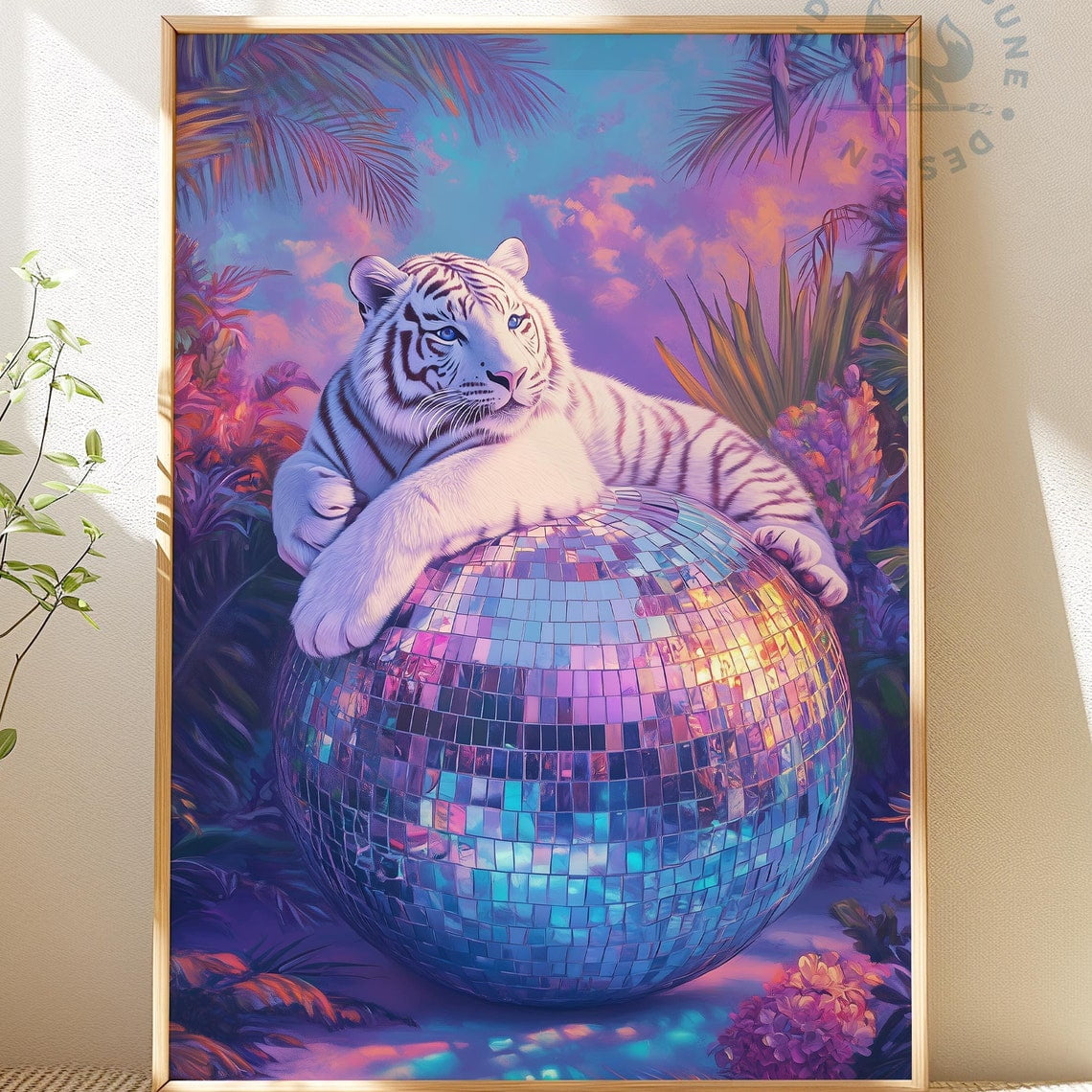 White Tiger Disco Ball Wall Art, Retro Jungle Animal Poster, Pink ...