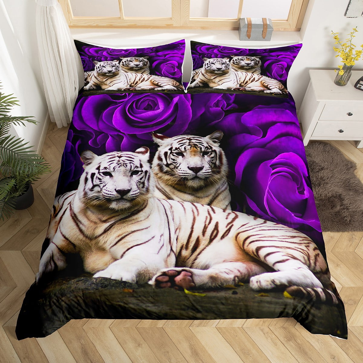 White Tiger Duvet Cover Purple Rose Bedding Set for Women Men,Wild ...