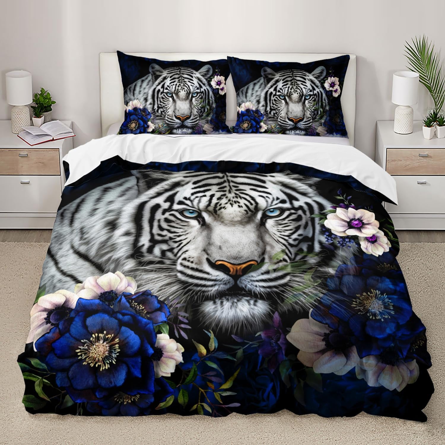 White Tiger Duvet Cover Set, 3D Animal Tiger Print Bedding Set,Blue ...