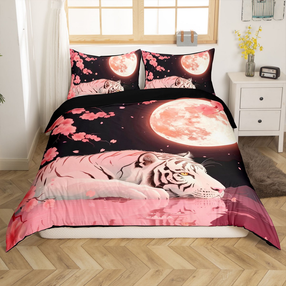 White Tiger Duvet Cover Set King Size,Japanese Ukiyoe Cherry Blossom ...
