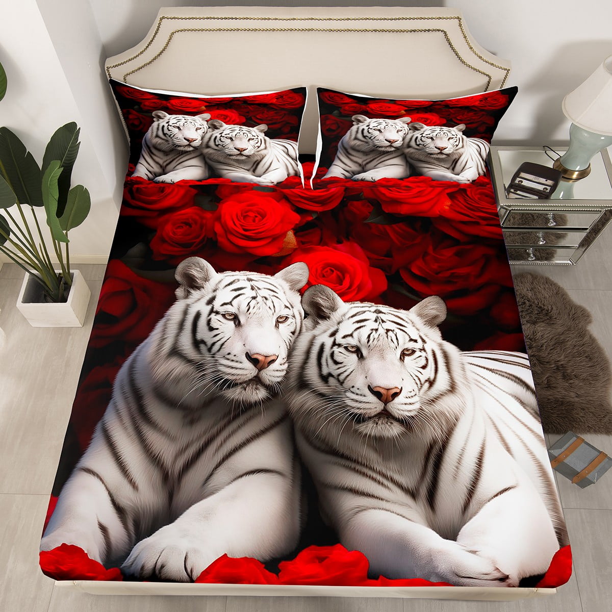 White Tiger Fitted Sheet Red Rose Bed Sheets Twin,Romantic Flowers ...