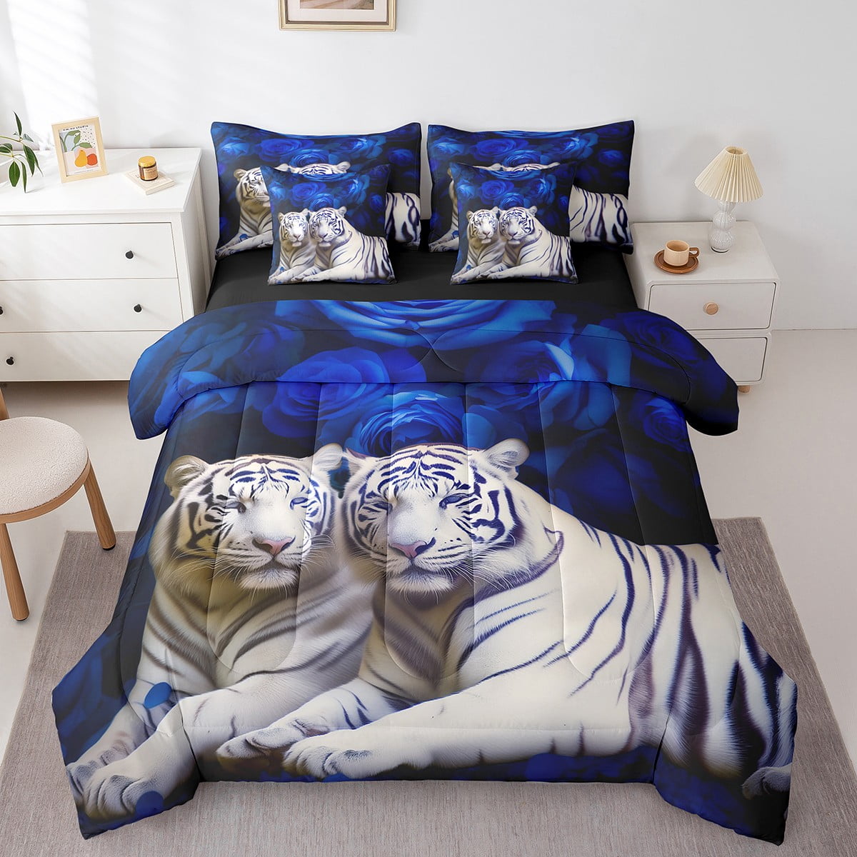 White Tiger Full Comforter Set,Blue Rose 7 Pieces Bed in a Bag,African ...