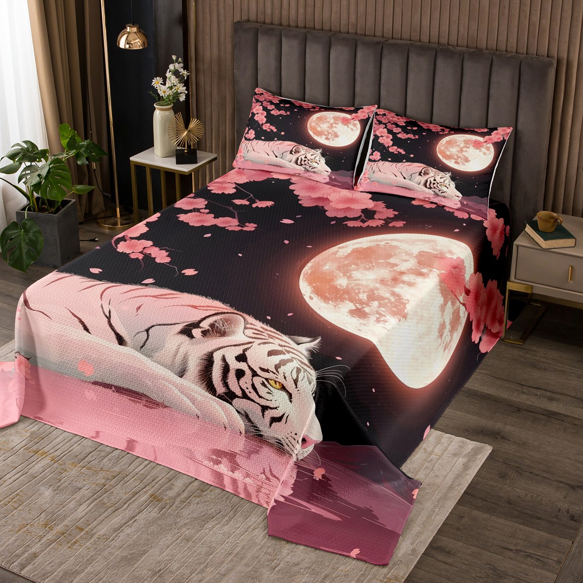 White Tiger Bedspread King Size,Japanese Ukiyoe Cherry Blossom ...