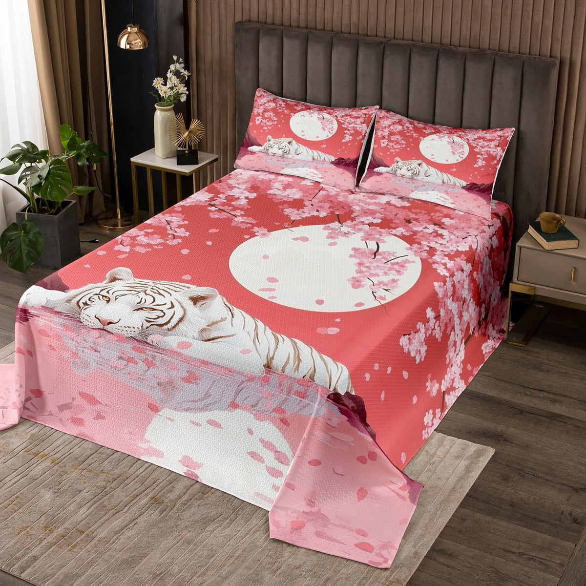 White Tiger Bedspread Queen Size,Moon Japanese Ukiyoe Sakura Cherry ...