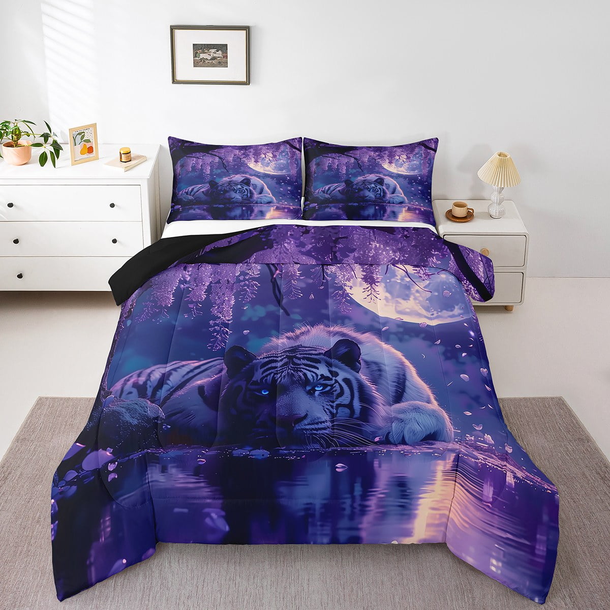 White Tiger Kids Comforter Set Queen Size,Moonnight Japanese Ukiyoe ...