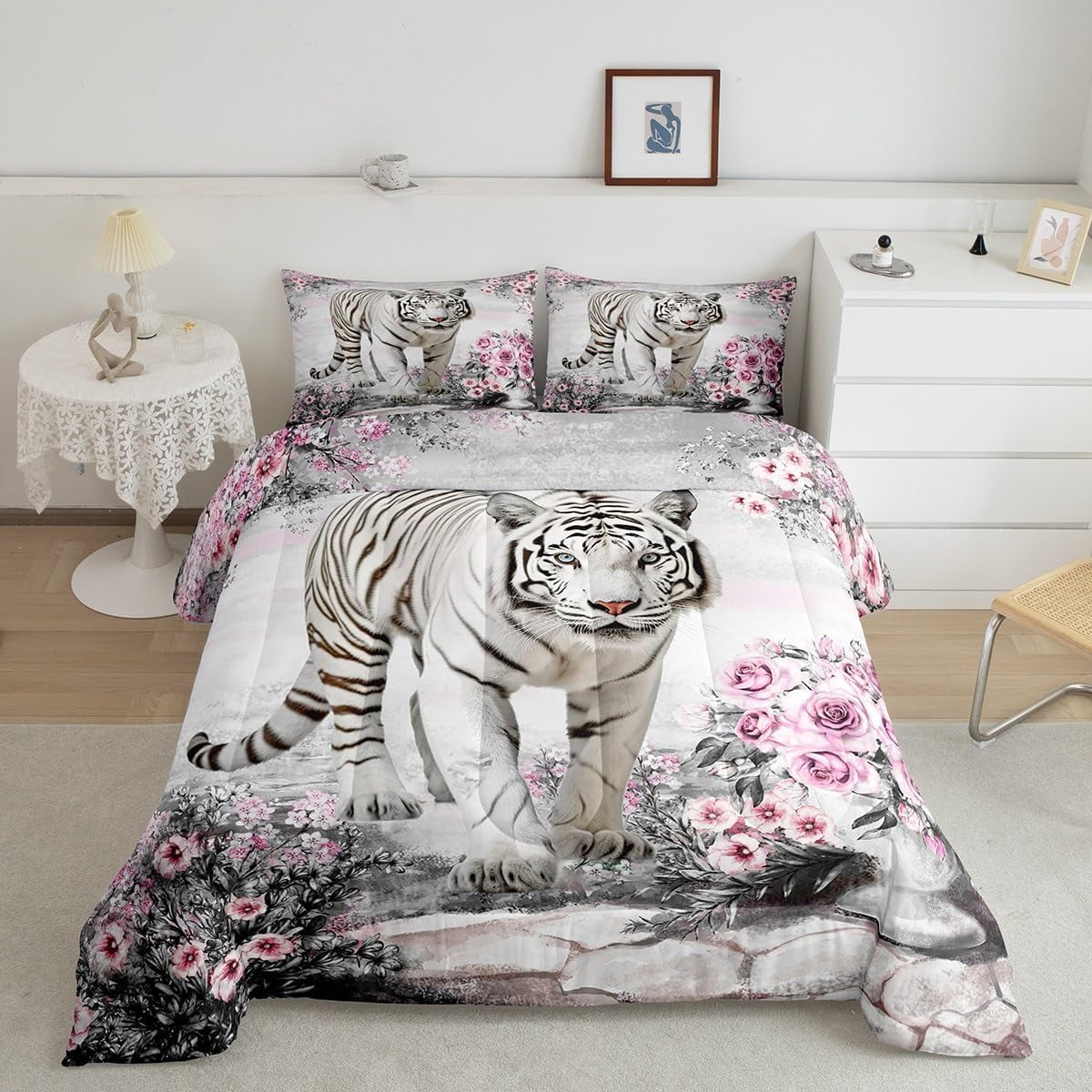 White Tiger Kids Comforter Set Twin Size with Pink Rose Flower Western ...