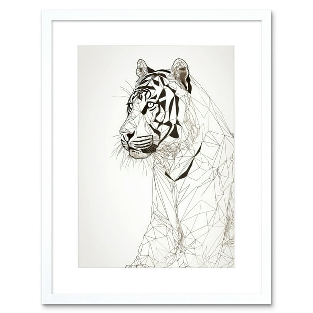 White Tiger Line Drawing Polygon Stripes Pattern Artwork Framed Wall ...