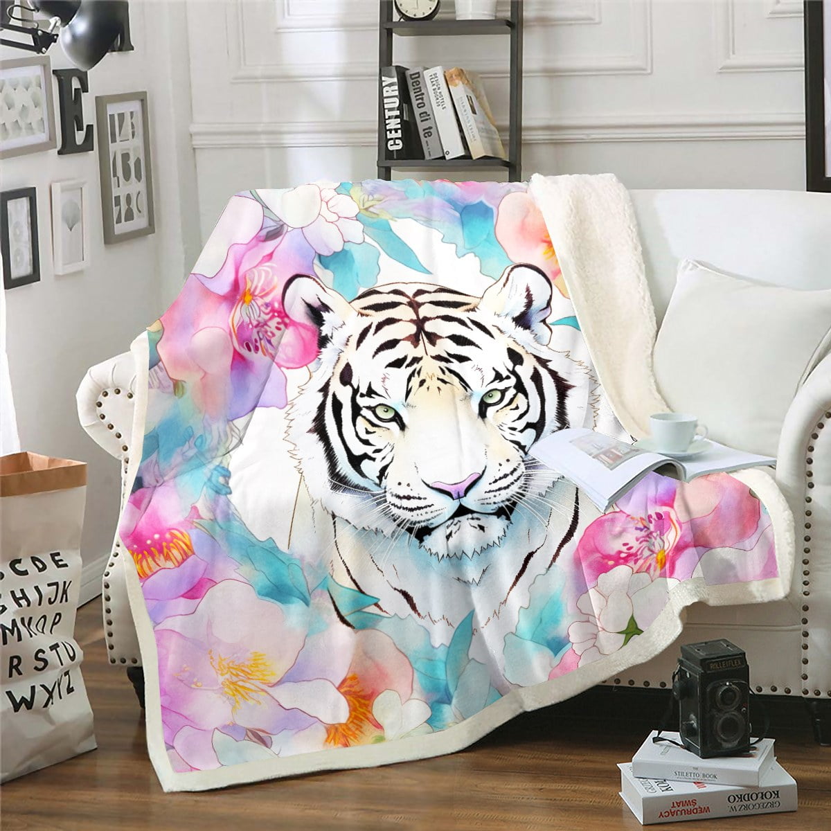 White Tiger Throw Blanket Floral Tiger Print Fleece Blanket Queen ...