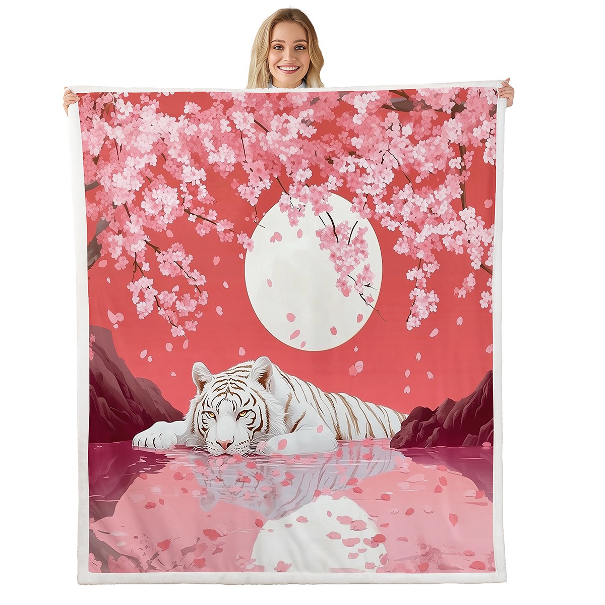 White Tiger Throw Blanket,Moon Japanese Ukiyoe Sakura Cherry Blossom ...