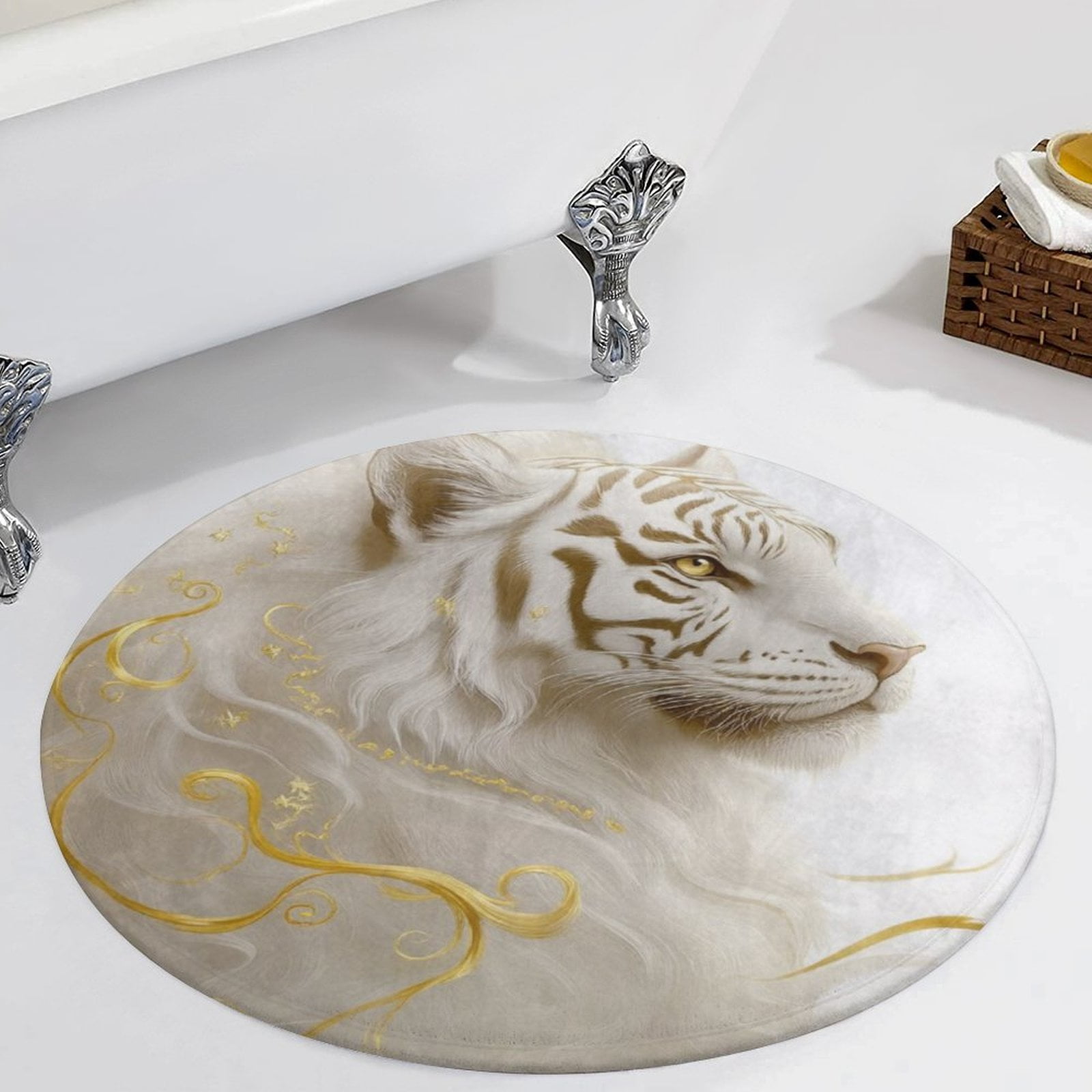 White Tiger with Golden Swirls Area Round Carpet Living Room Bedroom ...