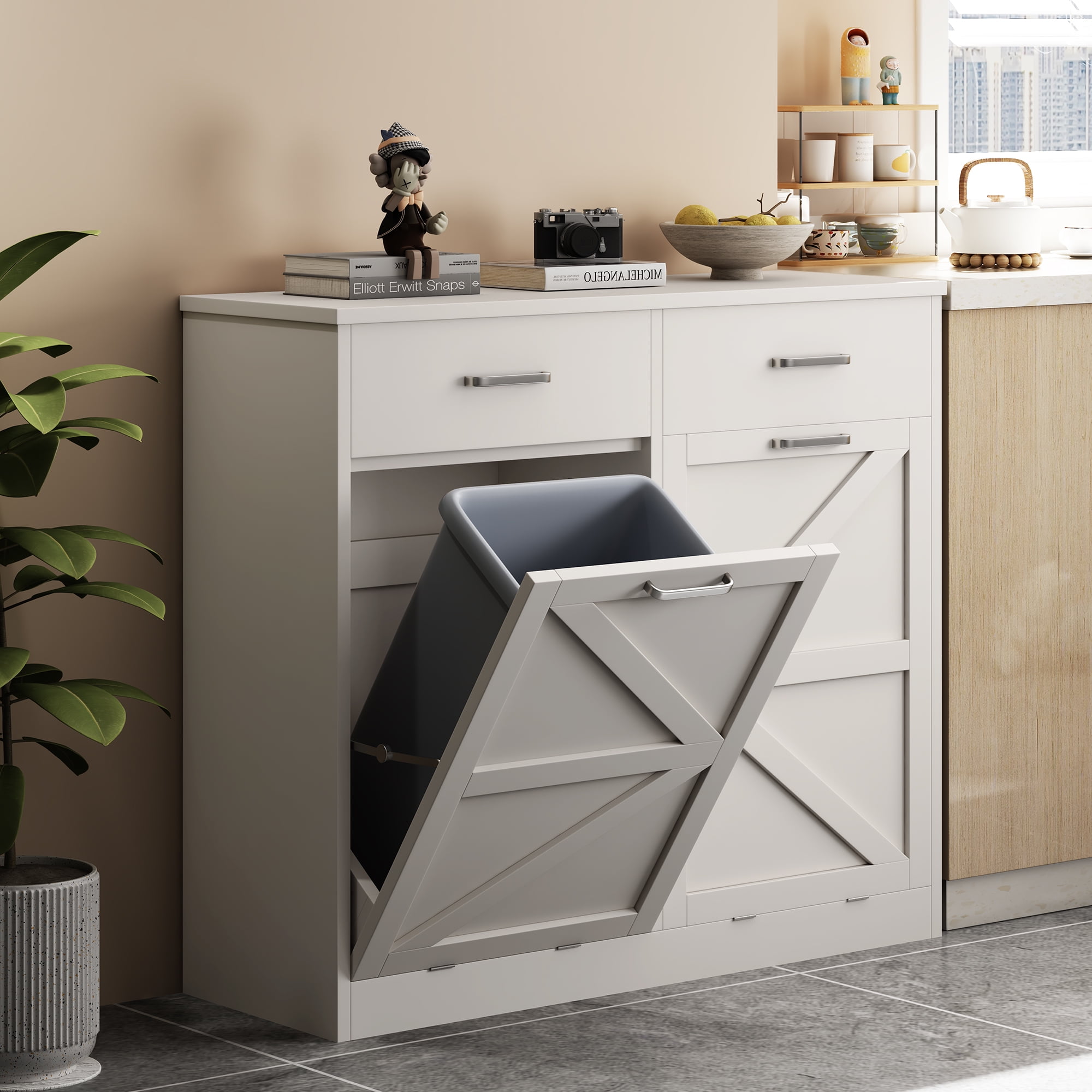 White Tilt Out Trash Cabinet with 2 drawer , Quick Installation and ...