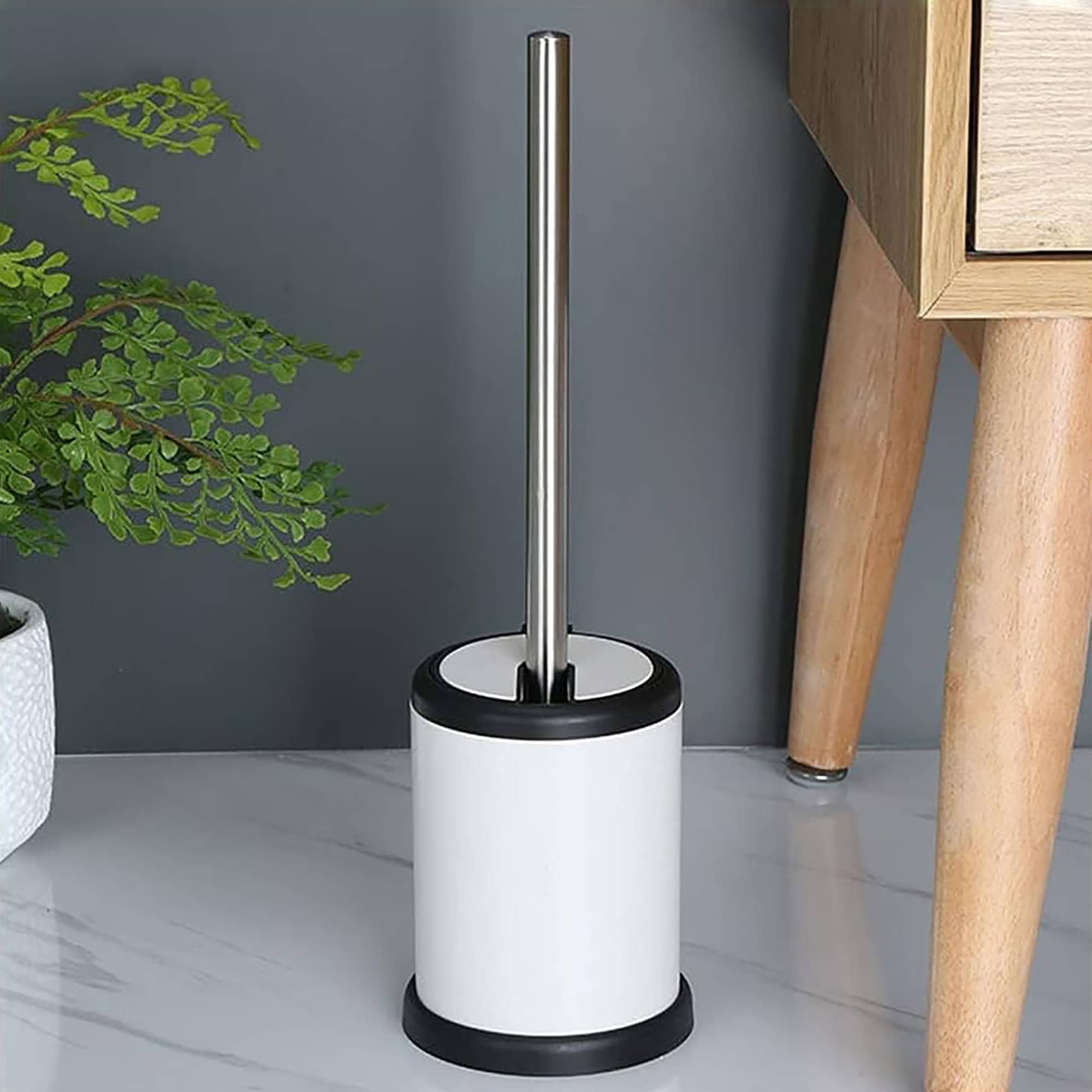 White Toilet Brush Set with Stainless Steel Handle, Folding Lid and ...