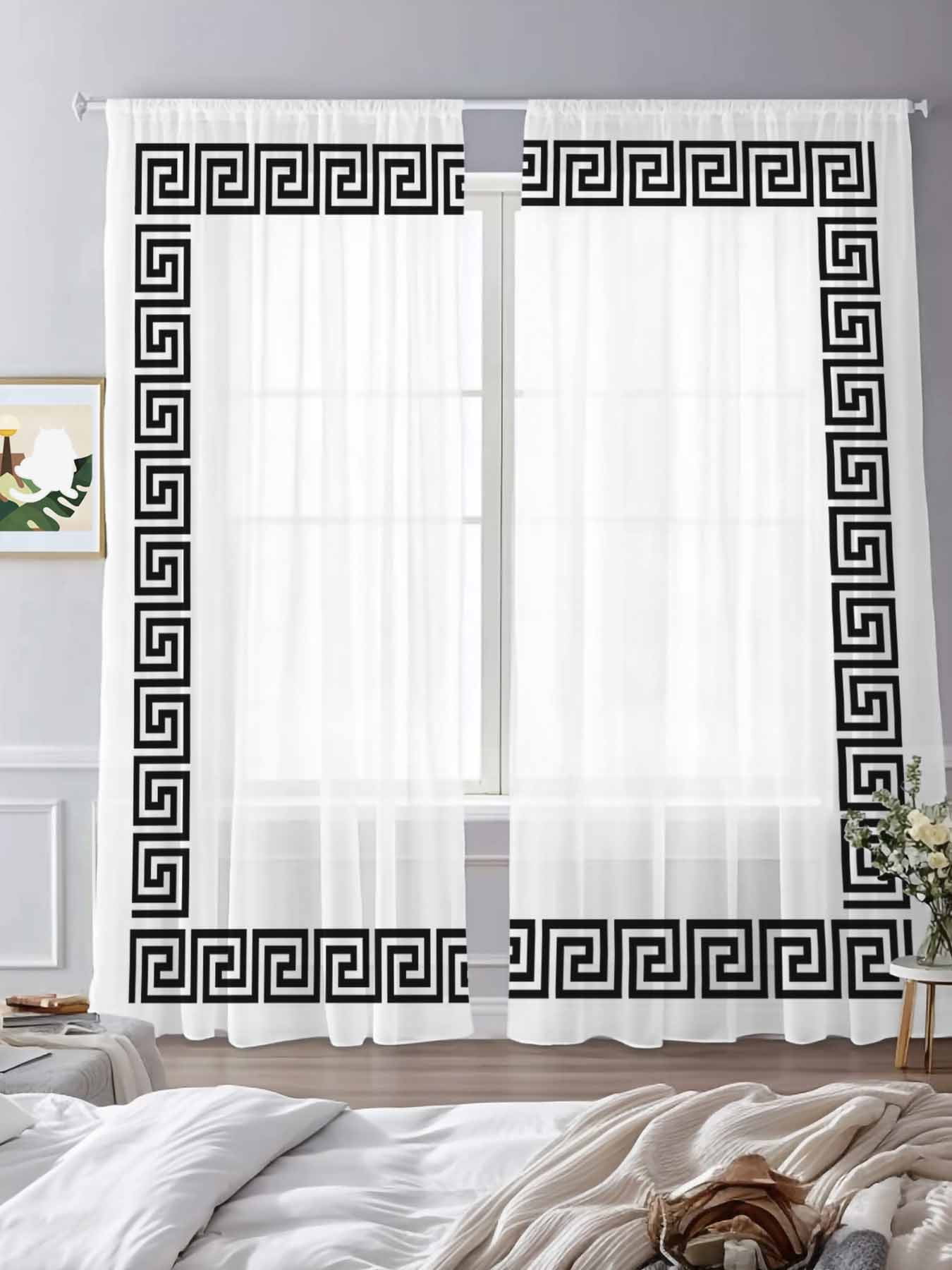 White Traditional Sheer Curtains 108 inches Long 2 Panels Set Greek Key ...