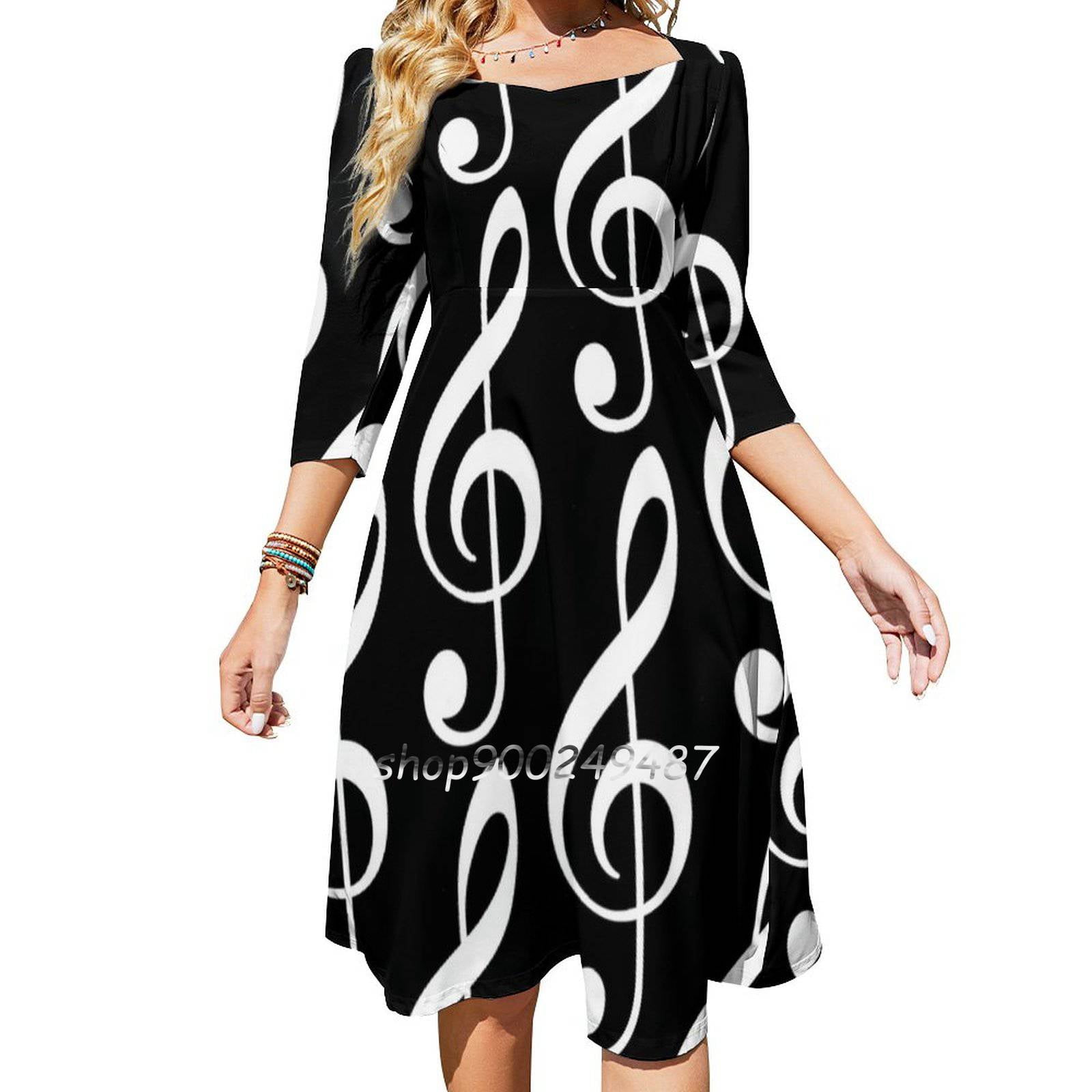 White Treble Clef On Black Square Neck Dress Sweet Summer Dress Women ...