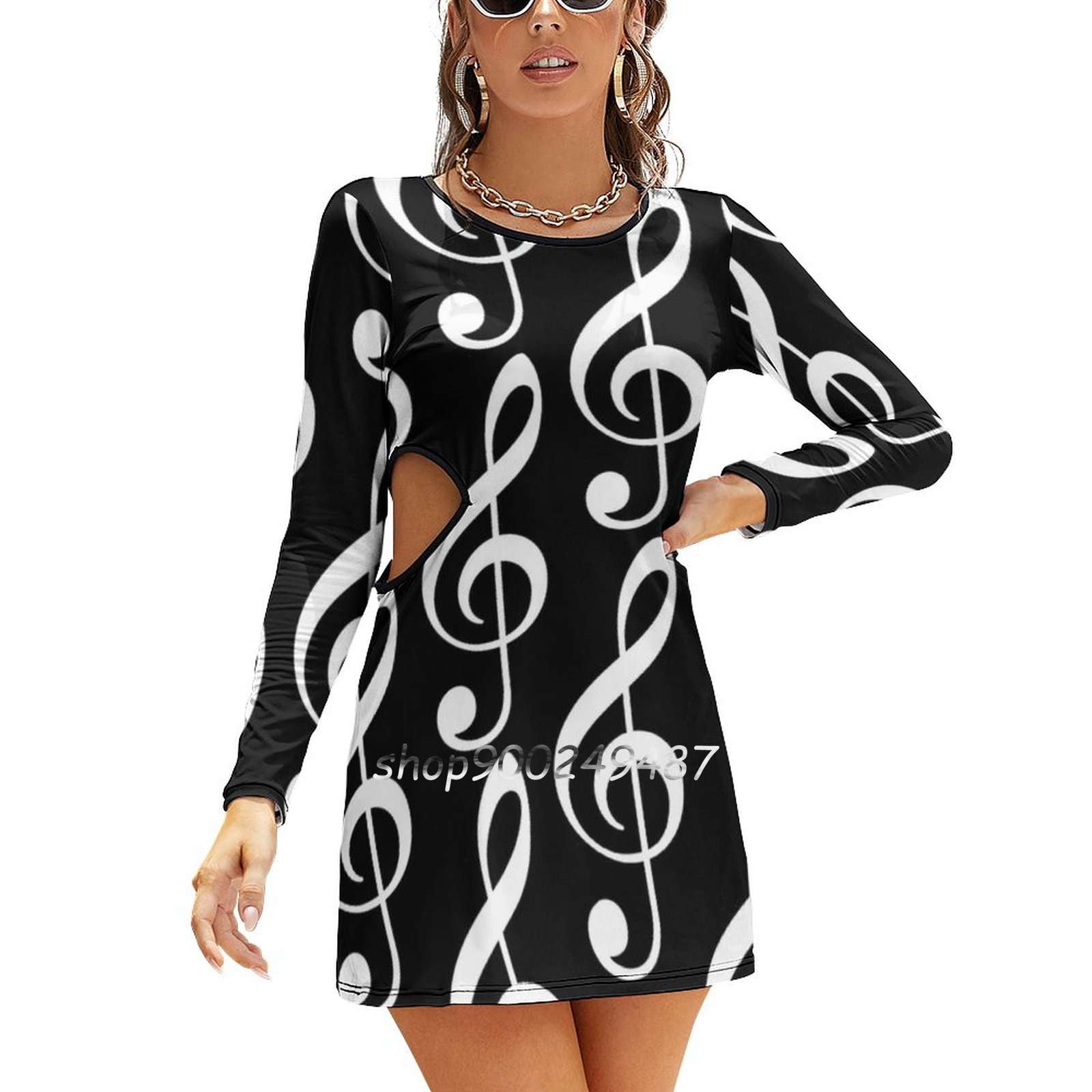 White Treble Clef On Black Square Neck Dress Sweet Summer Dress Women ...