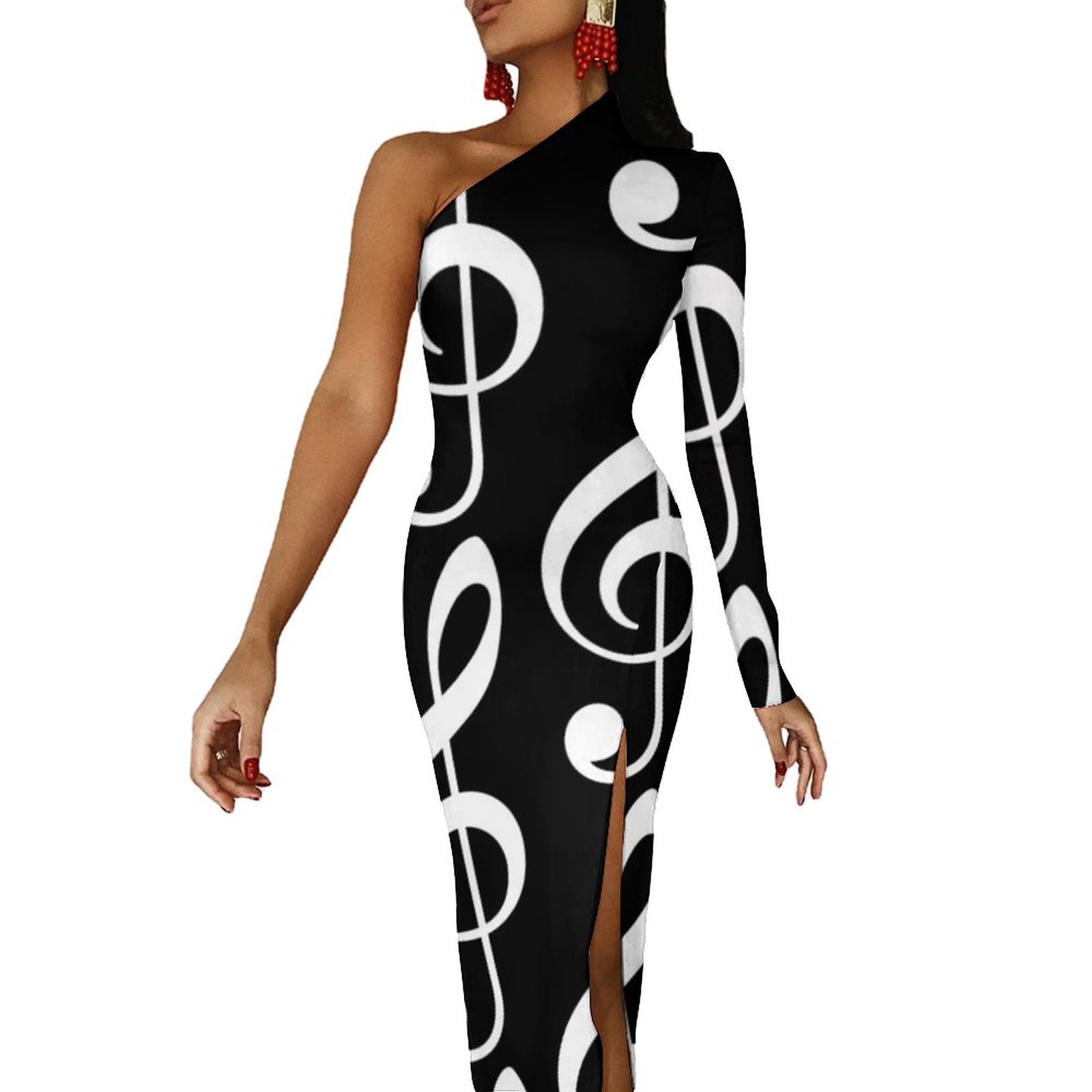 White Treble Clef on Black Half Dleeve Split Dress luxury women"s party ...
