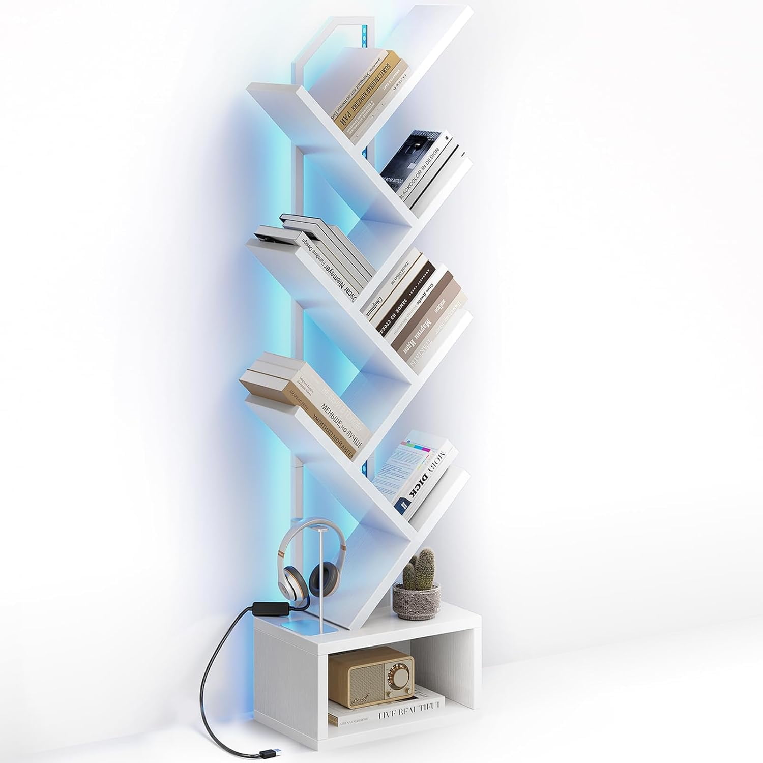 White Tree Bookshelf with LED Light Strip — 6-Tier Small Floor Standing ...