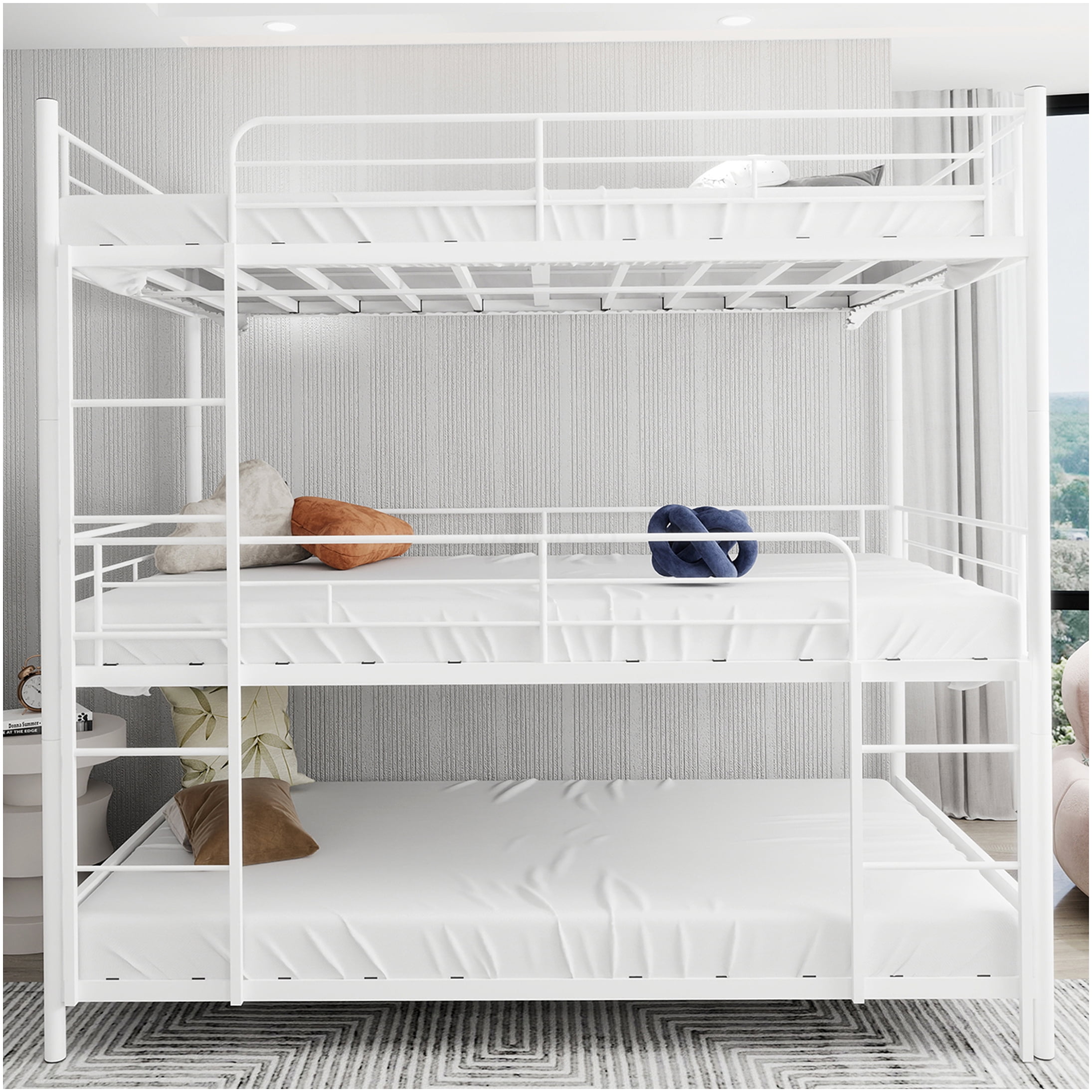 White Triple Bunk Bed with Ladder, Full Metal Frame with Guardrails ...
