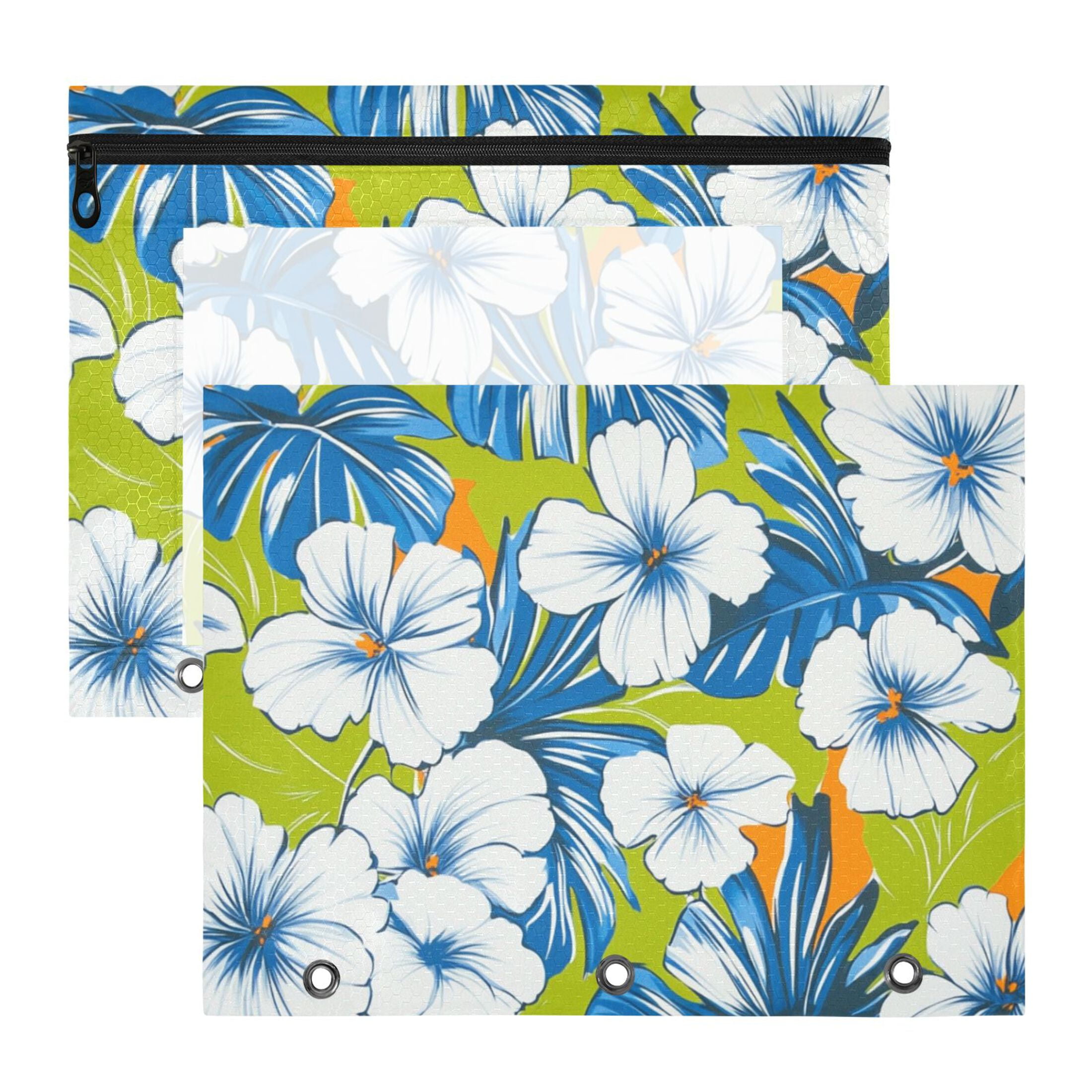 White Tropical Flowers Blue Palm Leaves 3-Ring Binder Pouches A4 Size Zipper Pocket File Storage ...