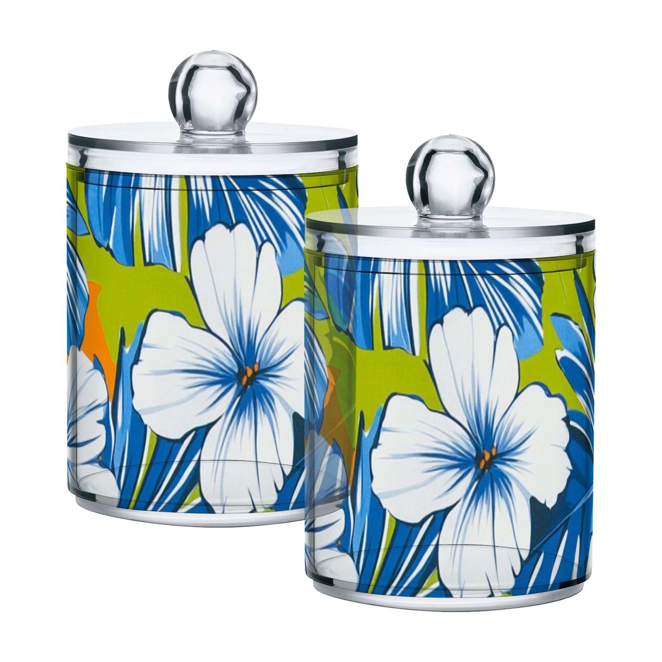 White Tropical Flowers Blue Palm Leaves Translucent Plastic Cans ...