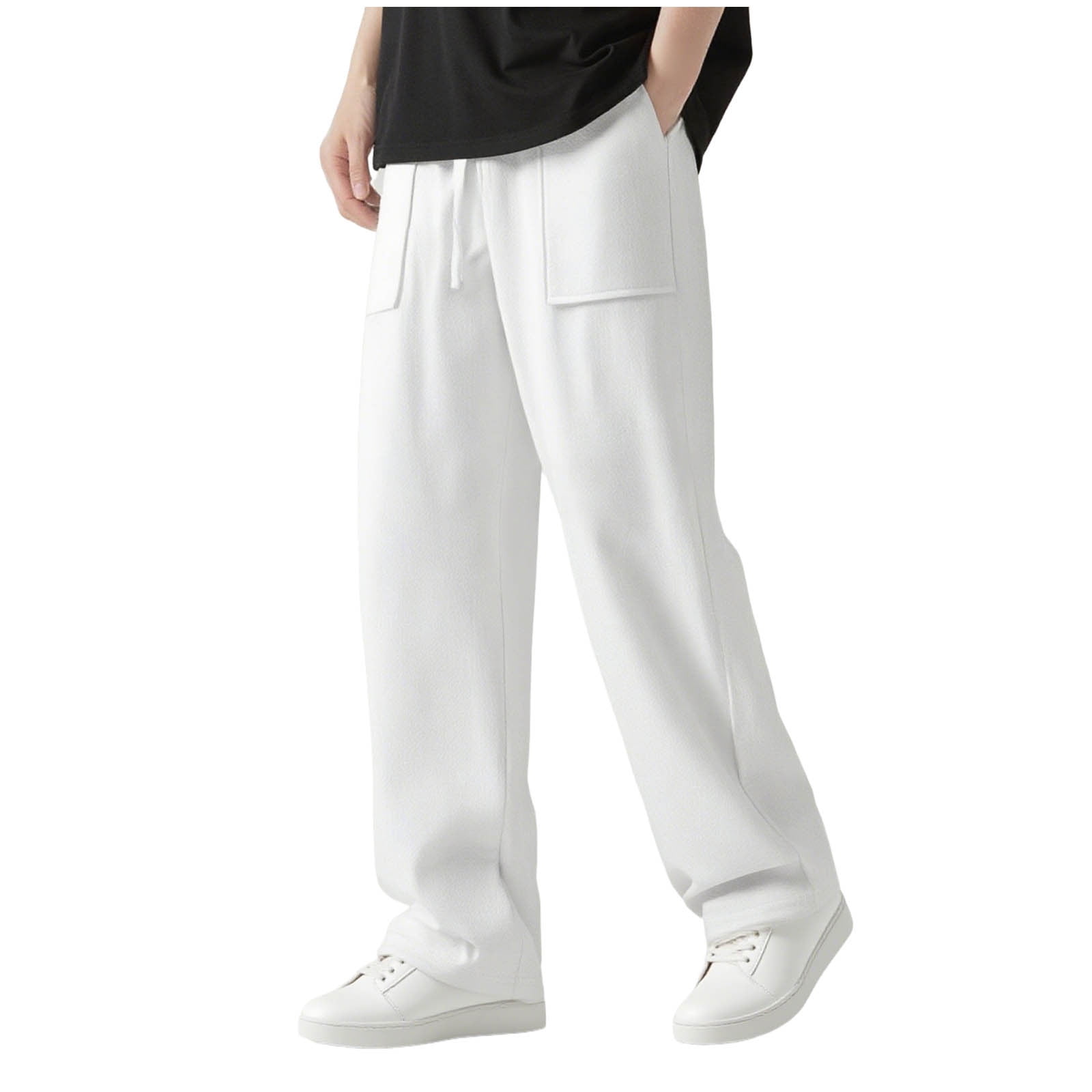 White Trousers Pants for Man Fall Summer Faux Linen Thin Ruched ...