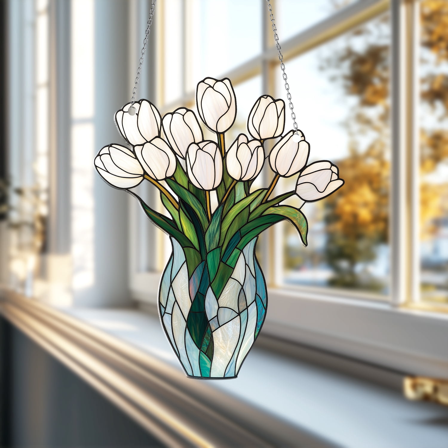 White Tulip Window Hanging, Stained Glass Style Car Decoration, Elegant ...