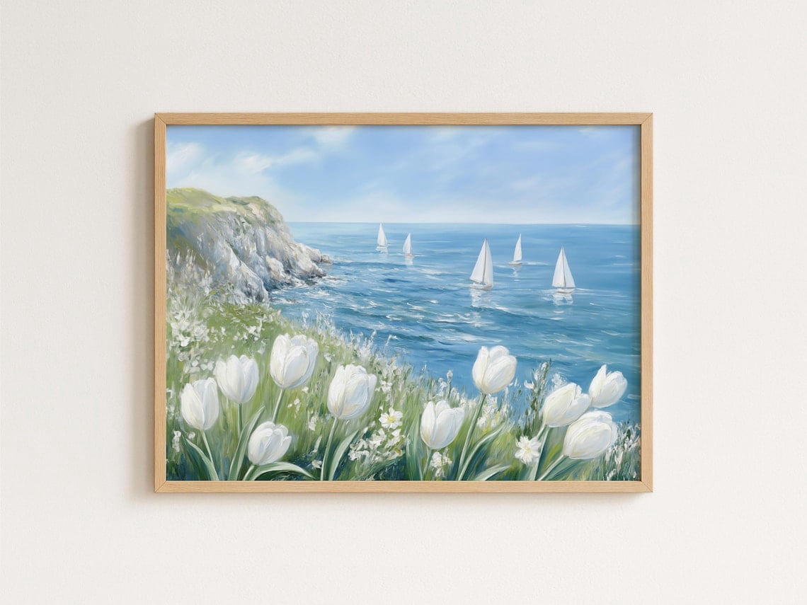 White Tulips And Sailboats Coastal Print - Floral Coastal Wall Art ...