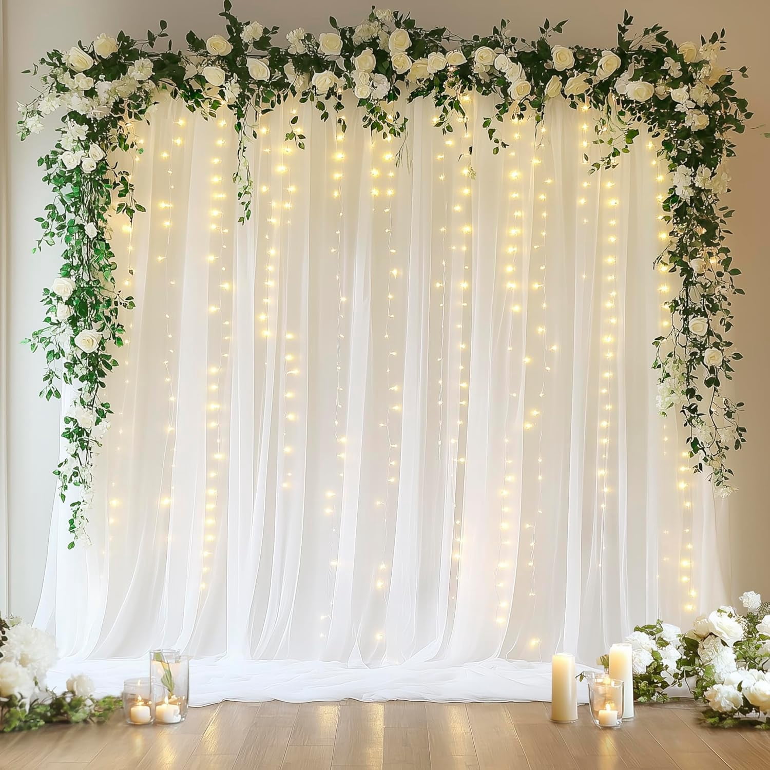 White Tulle Backdrop Curtains with Lights String 10FT X 10FT Sheer ...