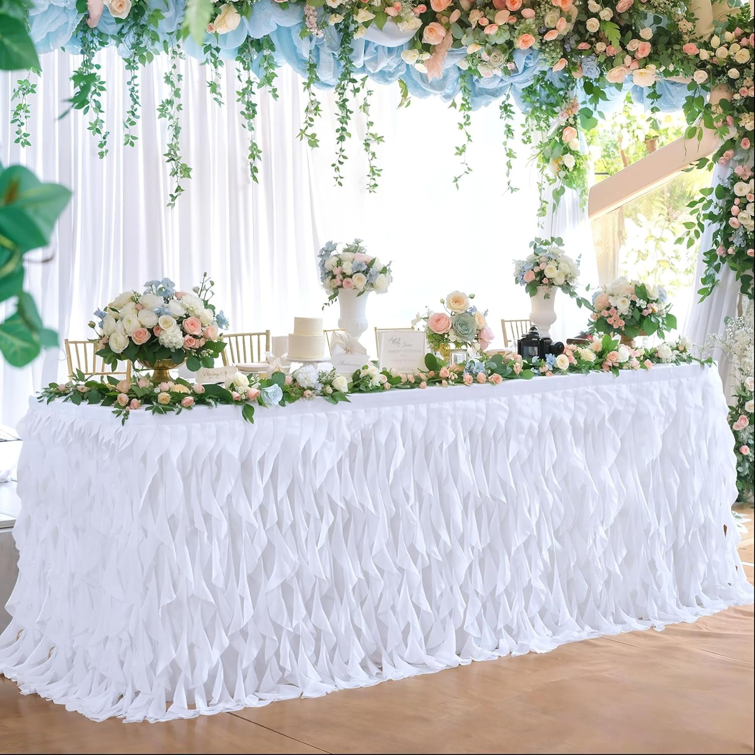 White Tulle Curly Willow Table Skirt for Rectangle Table 14ft, Ruffle ...
