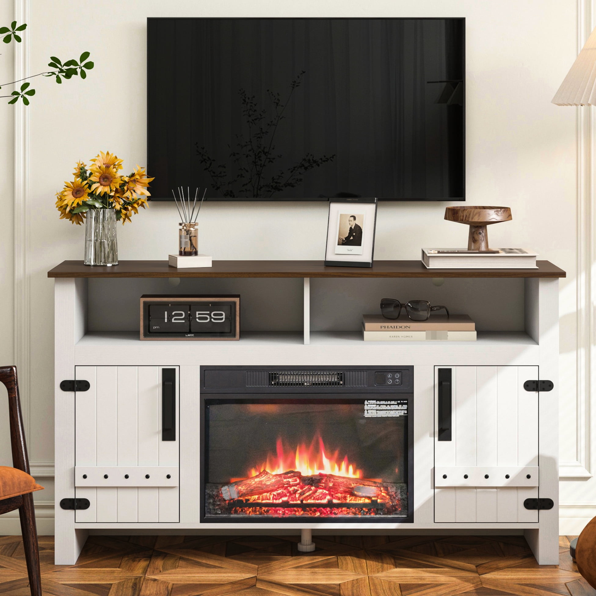 White Tv Stand With Electronic Fireplace And Innovation - 60" Media Console, Cabinet, Infrared ...
