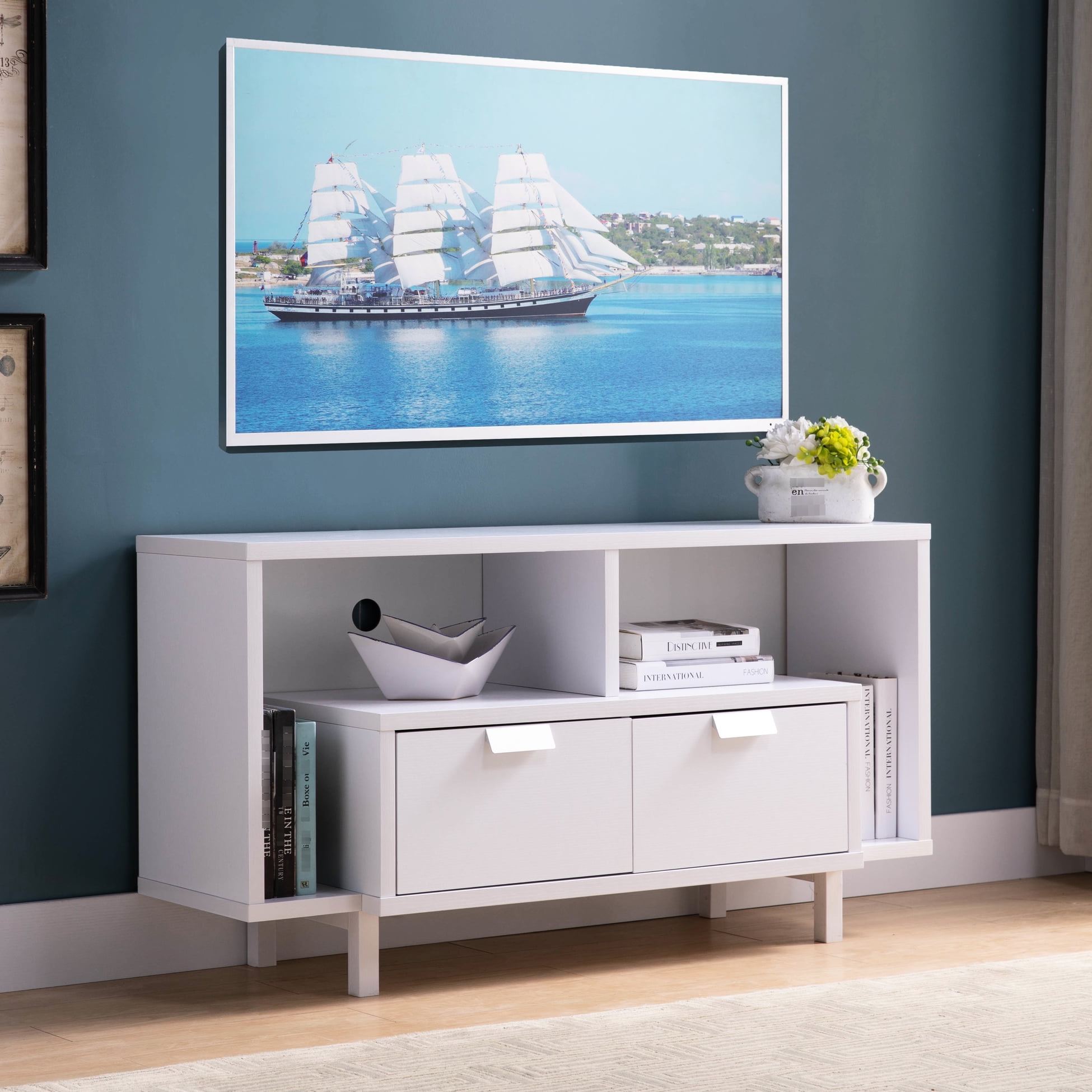 White Tv Stand With Two Drawers And Shelves, Bears A Weight Of 100lbs ...