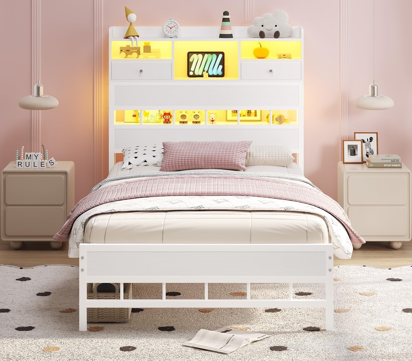 Kicode White Twin Bed Frame with LED Lights Charging Station Storage ...
