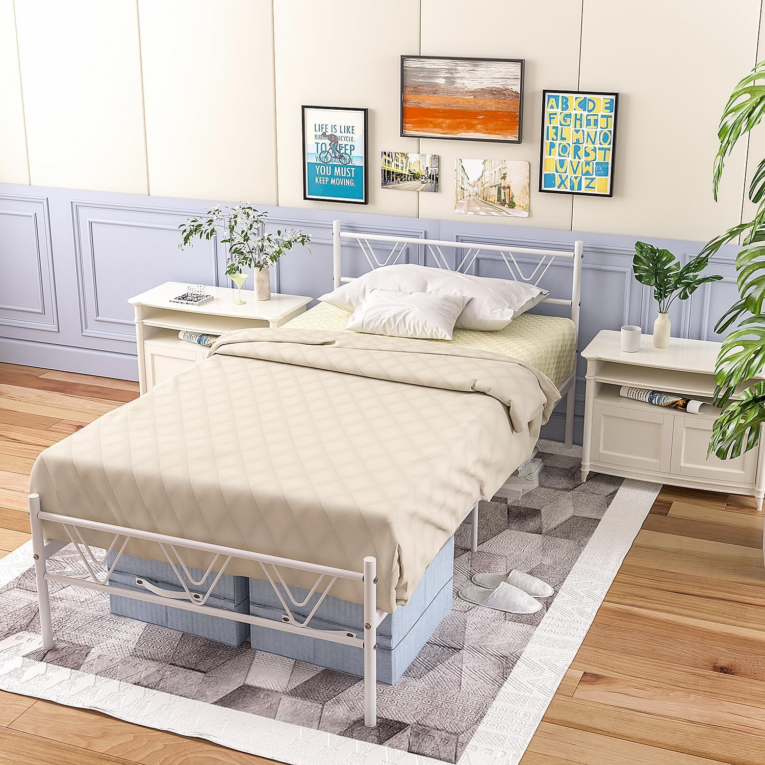 White Twin Bed Frames with Headboard, Twin Bed Frame No Box Spring ...