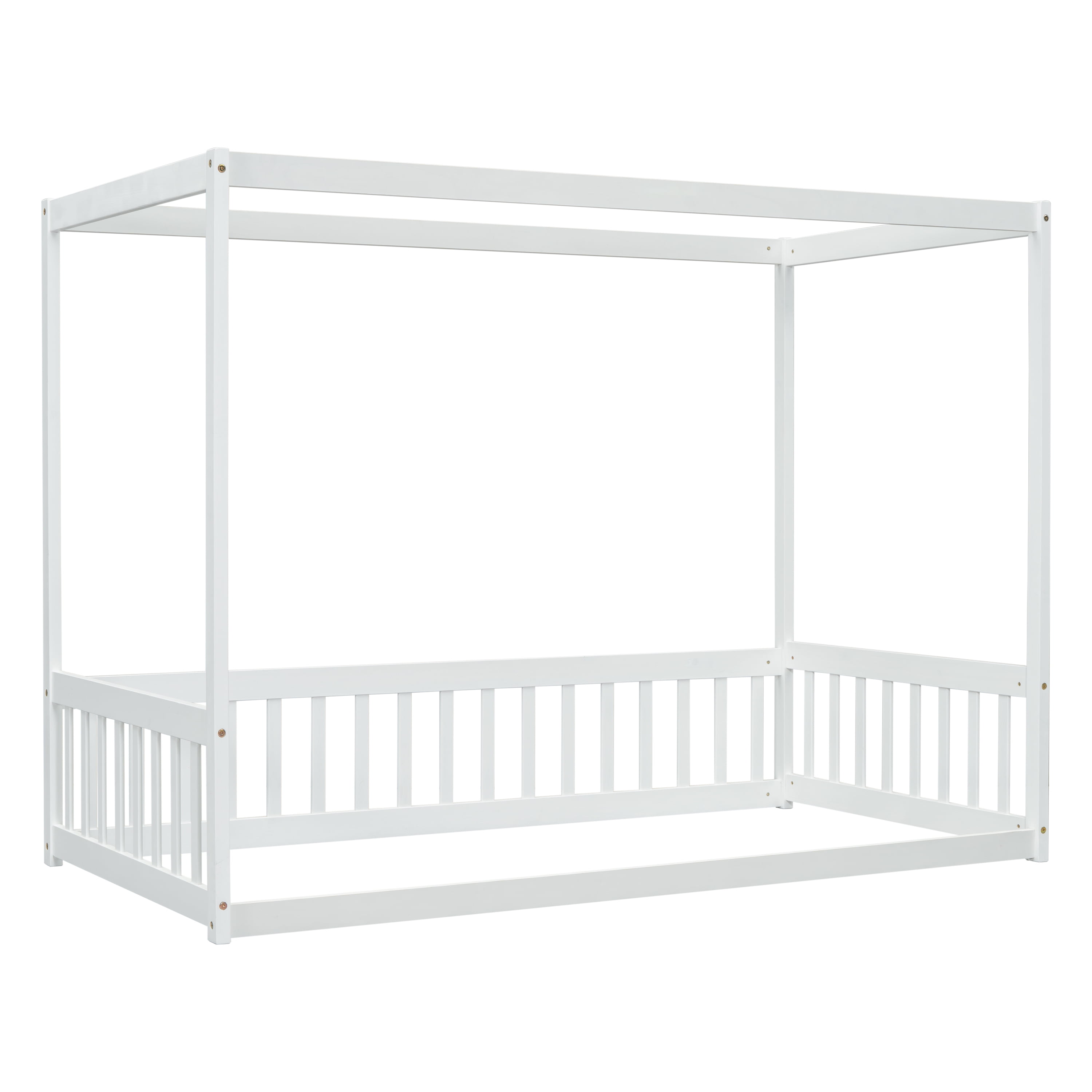 White Twin Canopy Floor Bed Frame with Guardrails - Pine Wood, 78"x42 ...