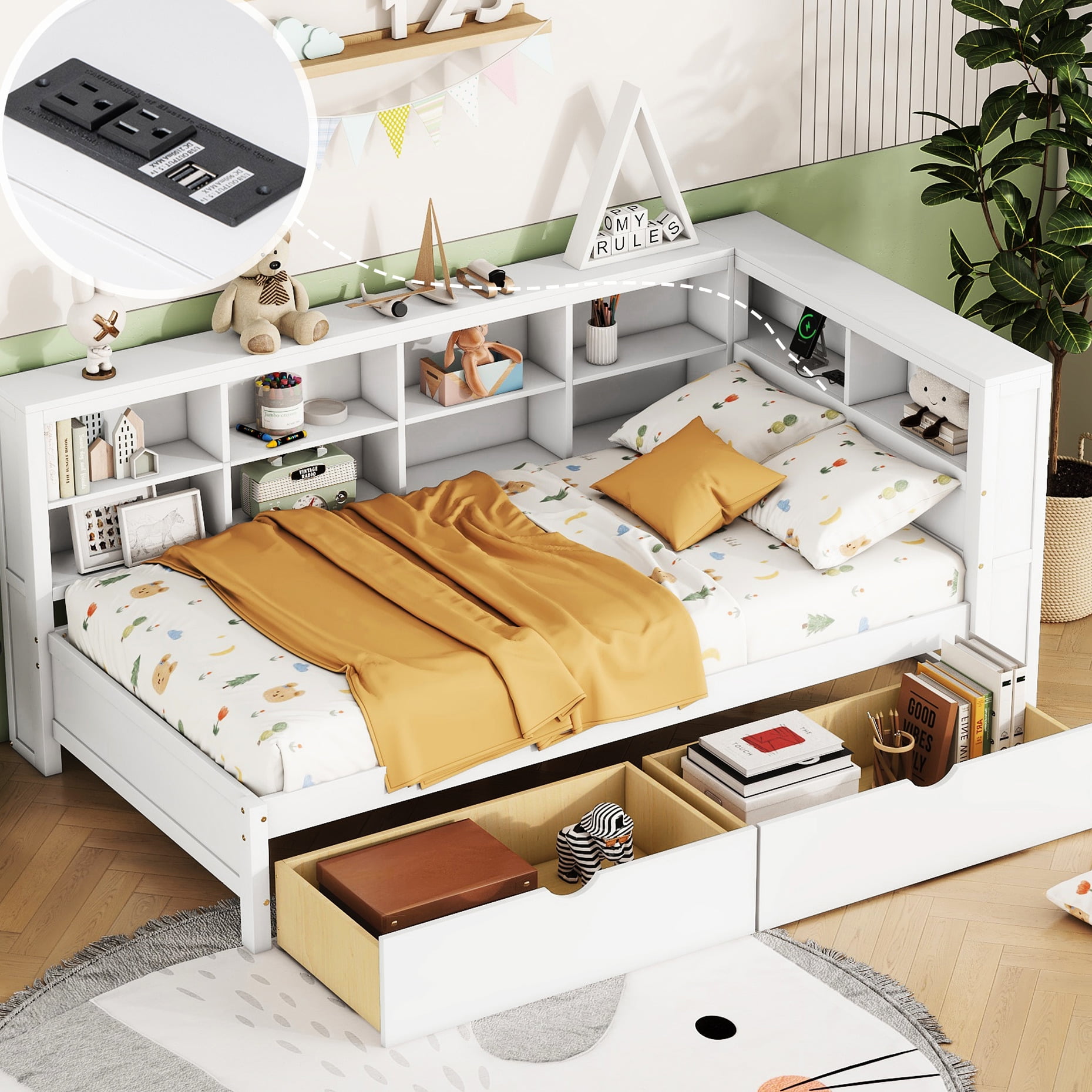 White Twin Daybed With Storage, , 2 Drawers And Wood Shelf Size In ...