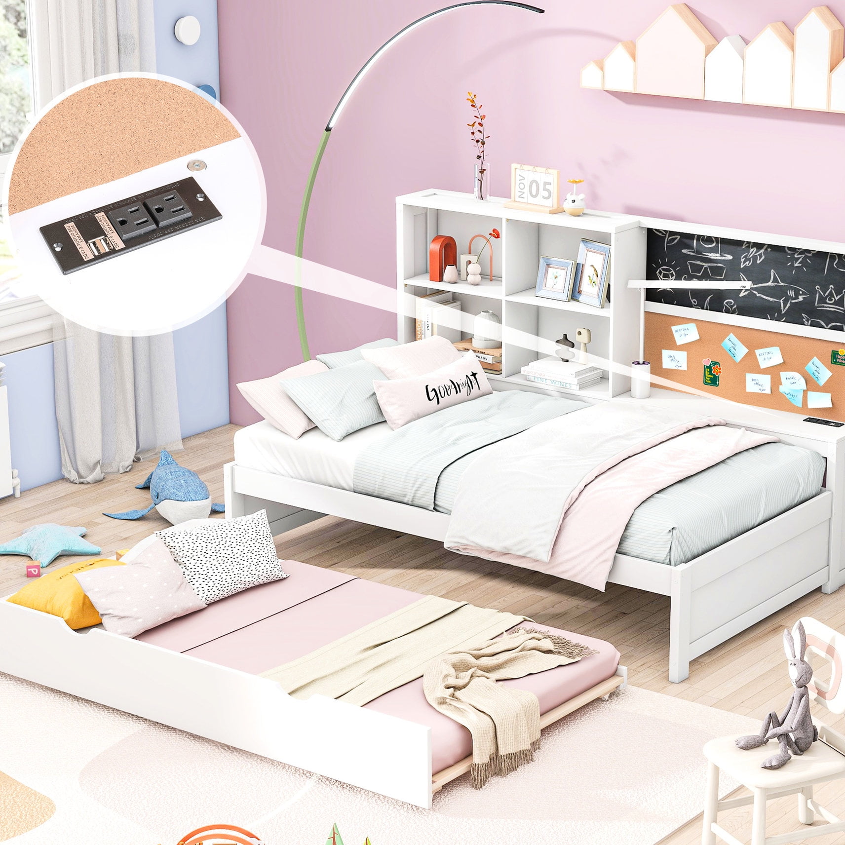 White Twin Daybed with Storage, Blackboard, Cork Board & USB Ports ...