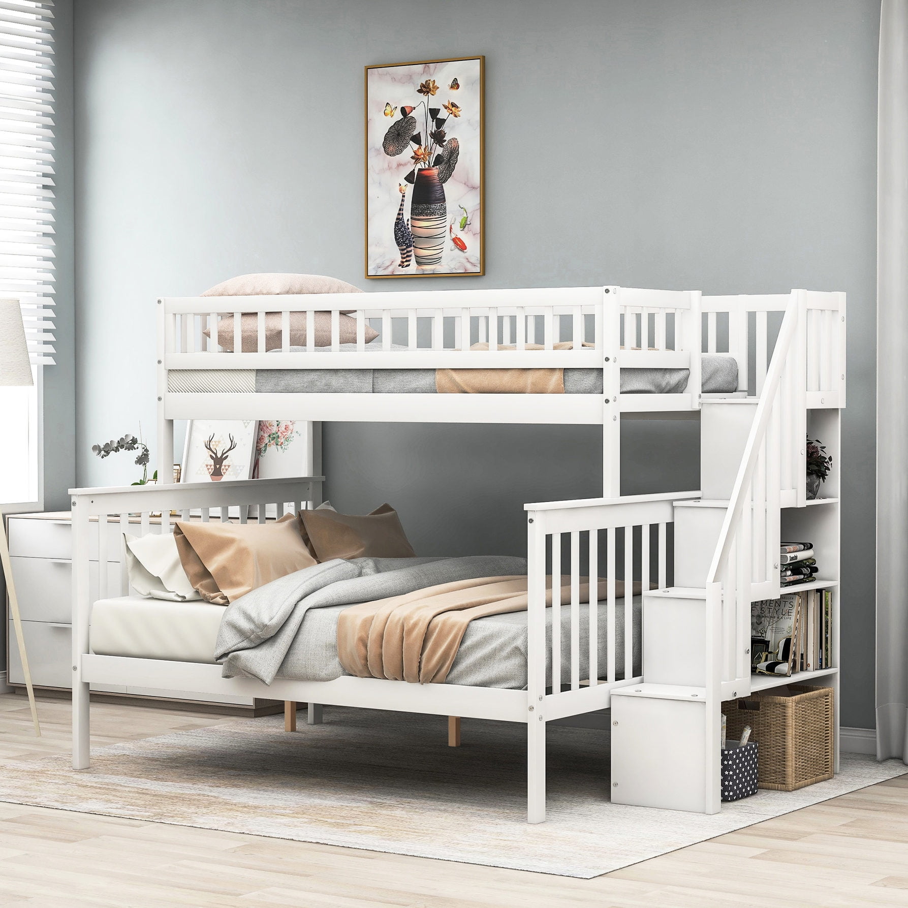 White Twin/Full Bunk | Pine Wood Construction, Storage | Guardrails for ...