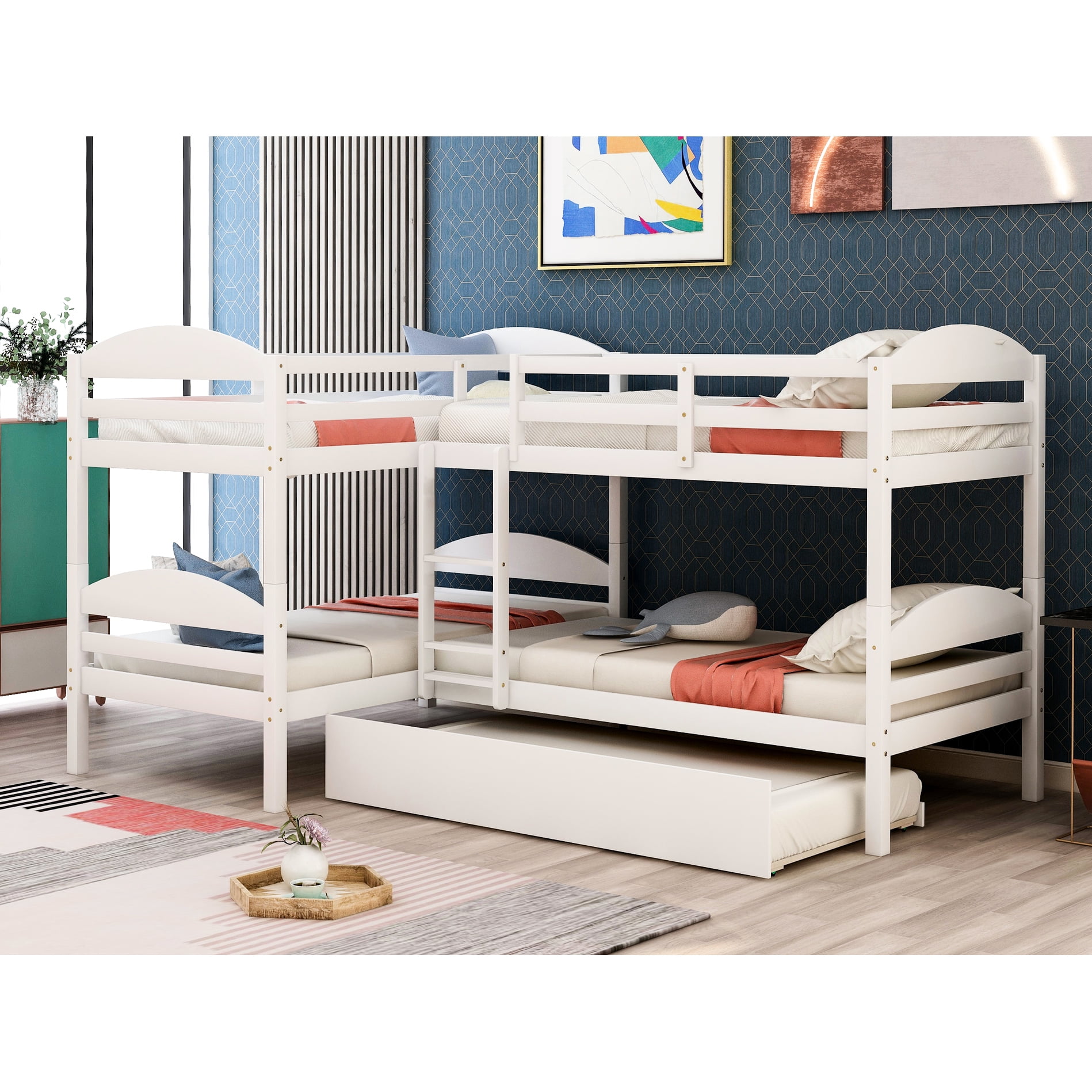 White Twin L-shaped Bunk Bed With Trundle. Strong Solid Wood Structure ...