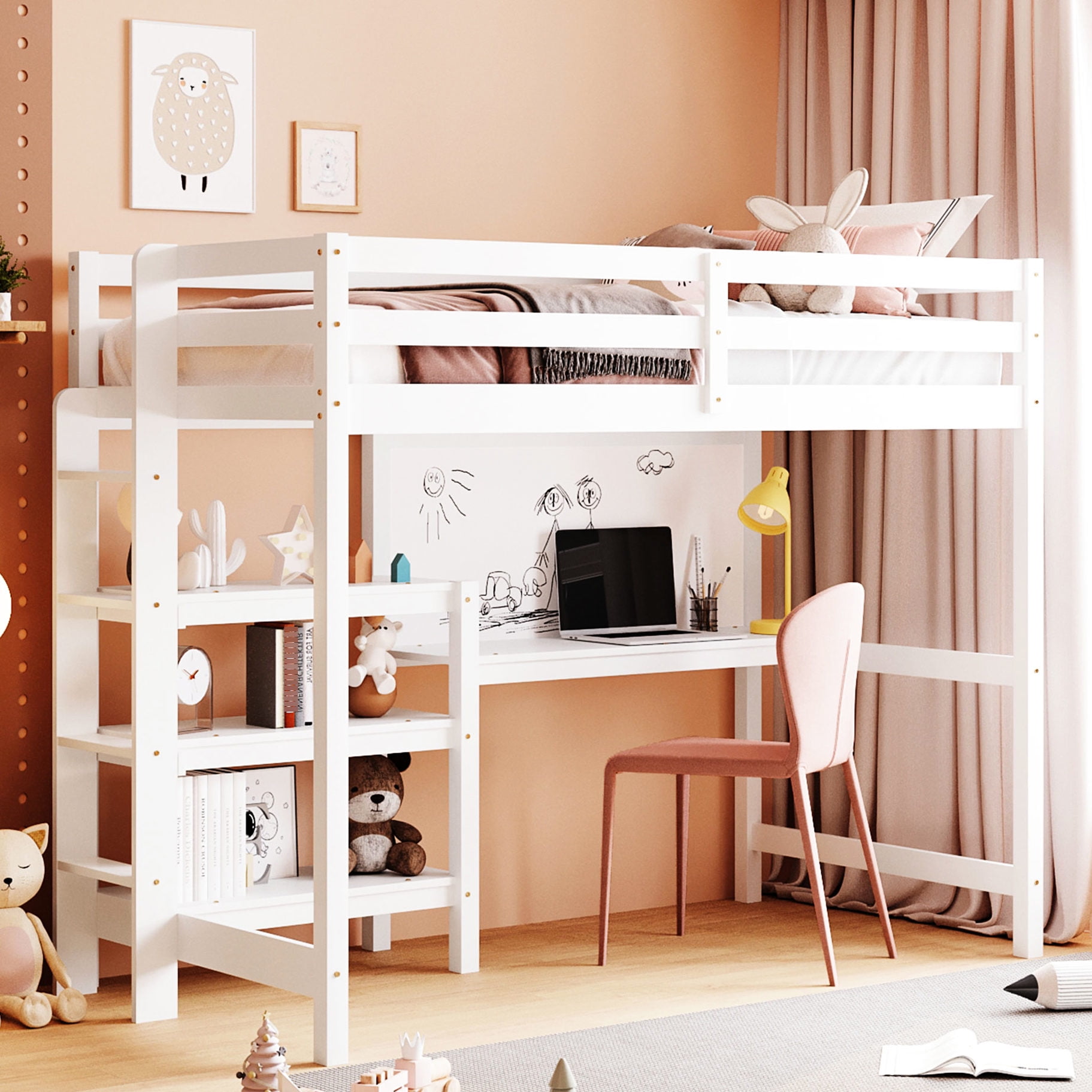 White Twin Loft Bed | Commercial Grade MDF Board | Fresh Mattress Air Circulation - Walmart.com