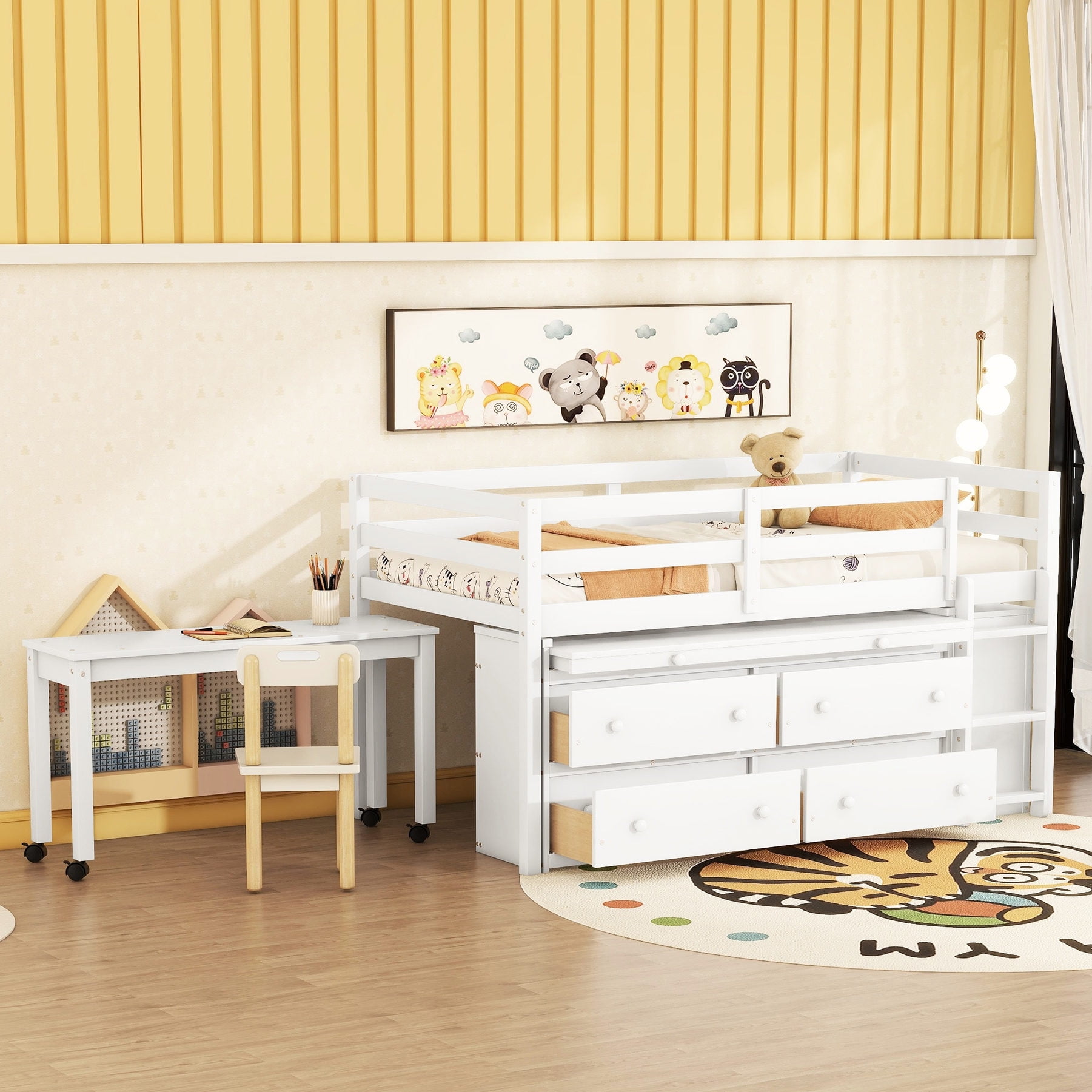 White Twin Loft Bed With Retractable Writing Desk And Extra Storage ...