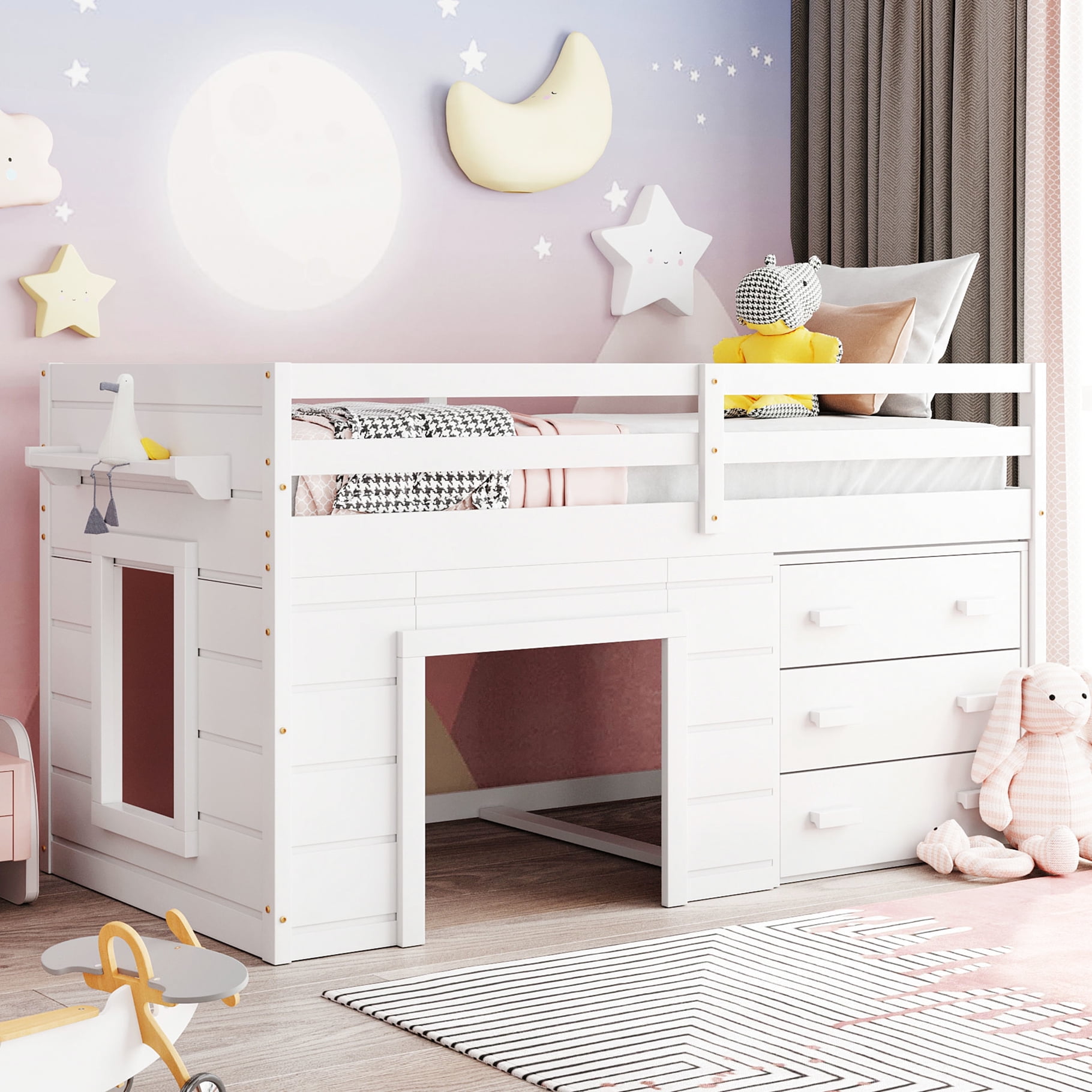 White Twin Loft Bed With Shelf & Cabinet, Solid Wood Structure For Enhanced Bedroom ...