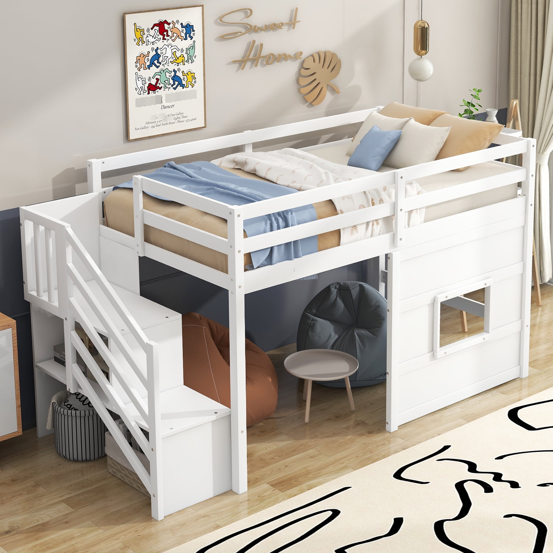 White Twin Loft Bed With Staircase Storage And Window - Fun Safe ...
