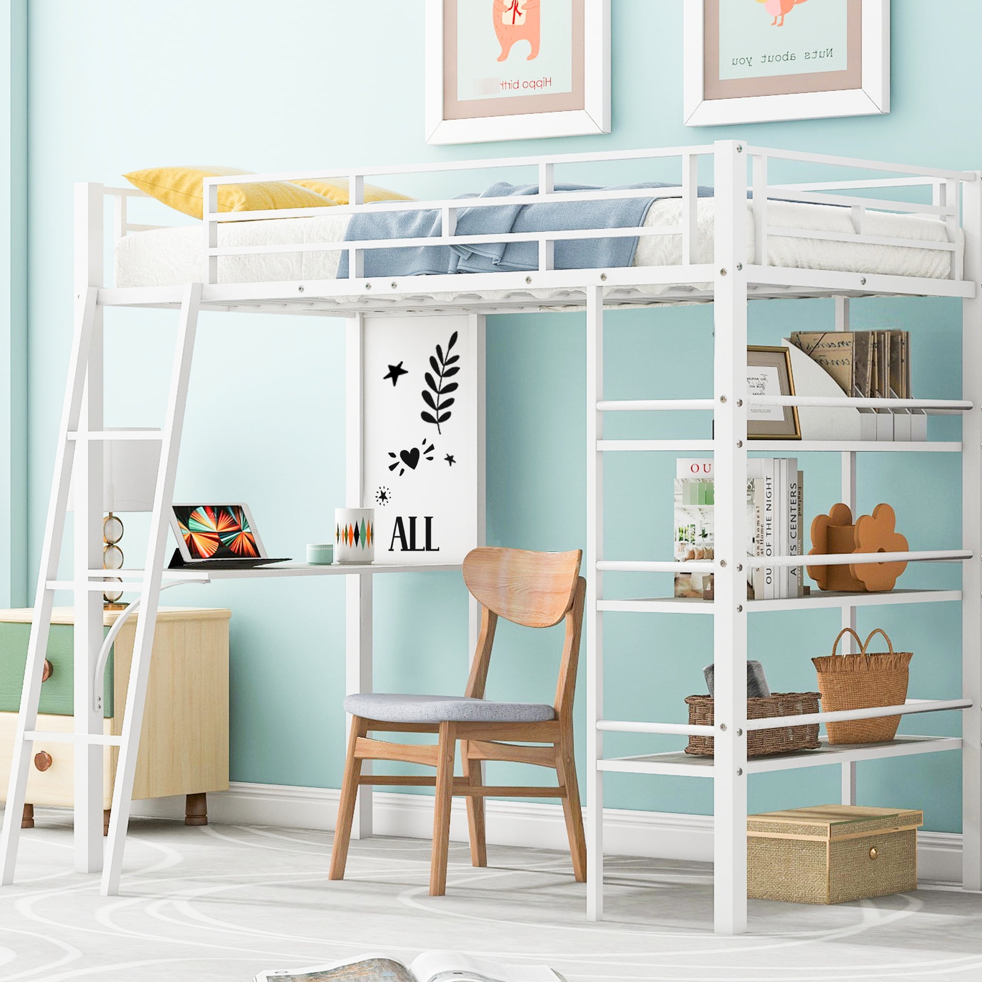 White Twin Loft Metal Bed With 3-layer Shelves And Desk - Maximize Your ...