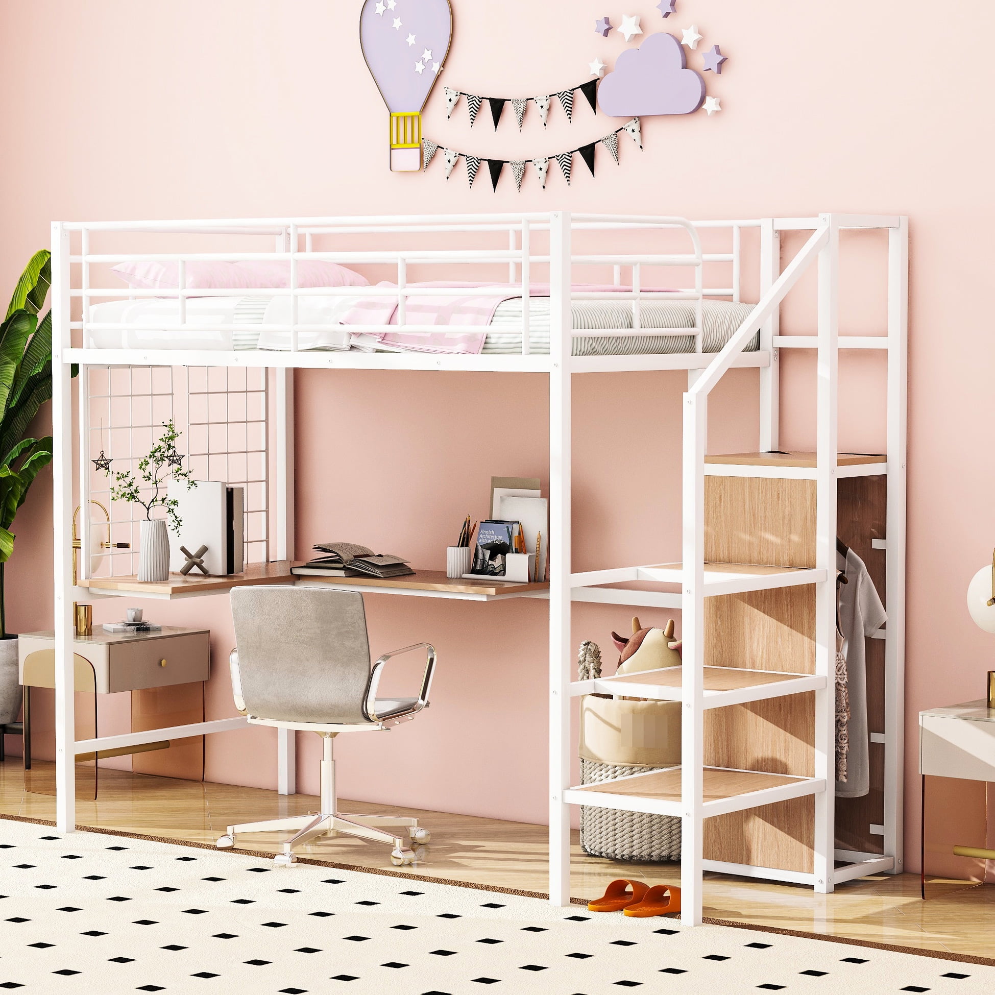 White Twin Metal Loft Bed With Desk And Storage - Metal, Space ...