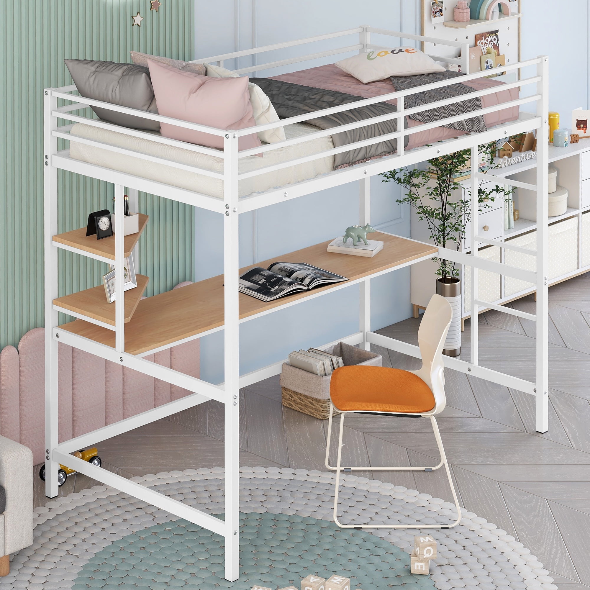White Twin Metal Loft Bed with Desk & Shelves - Space-Saving Bedroom ...