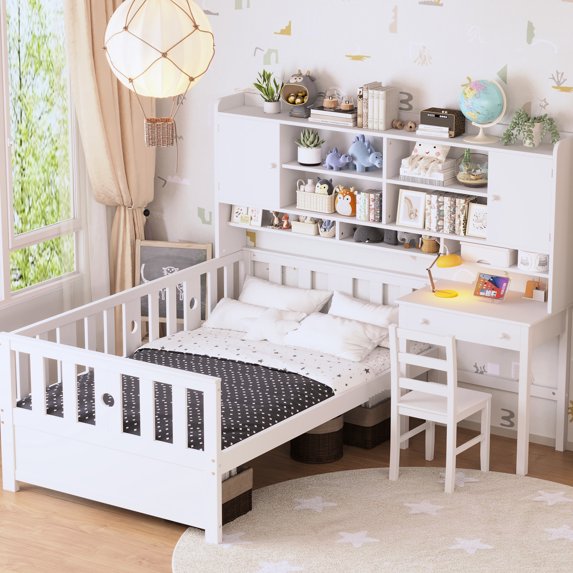 White Twin Multifunctional Wood Bed | Integrated Desk for Productivity ...